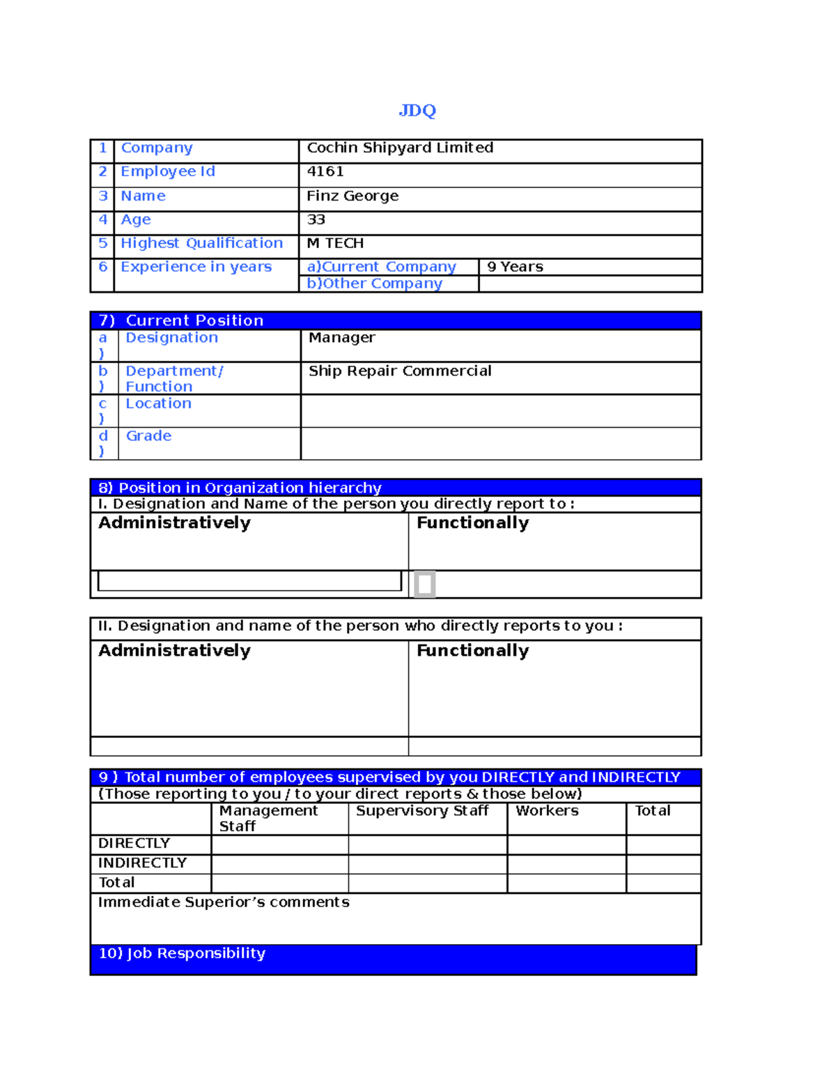 JDQ Template - jds - JDQ 1 Company Cochin Shipyard Limited 2 Employee ...