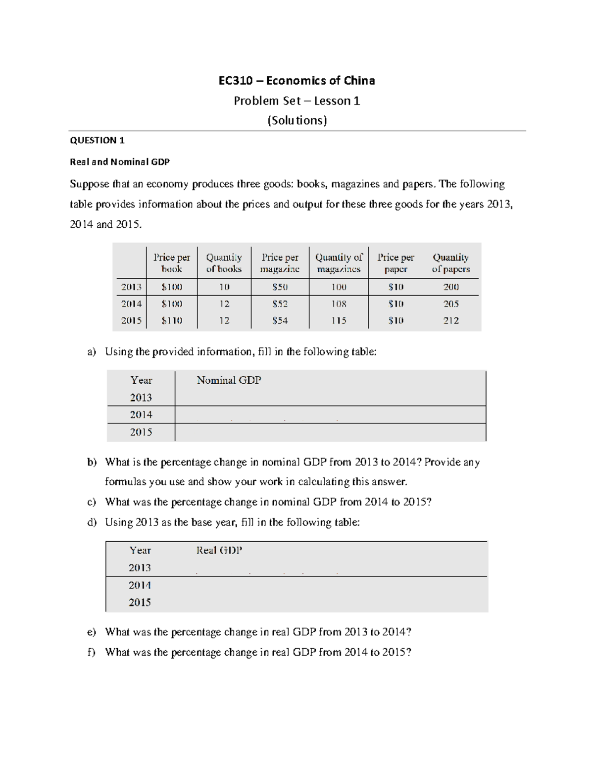 Lesson 1 - Weekly Problem Set (Solutions) - EC310 – Economics of China Problem Set – Lesson 1 ...