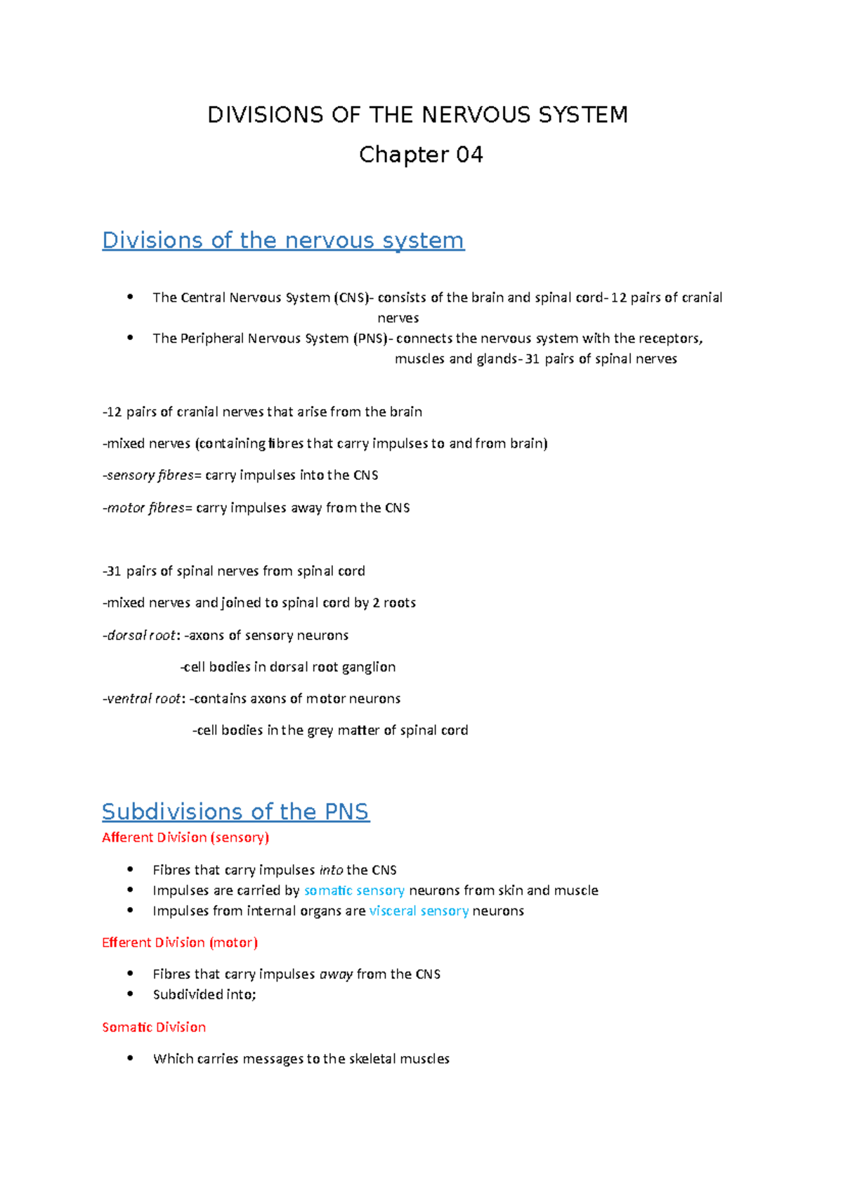 CH 04 - Divisions OF THE Nervous System - DIVISIONS OF THE NERVOUS ...