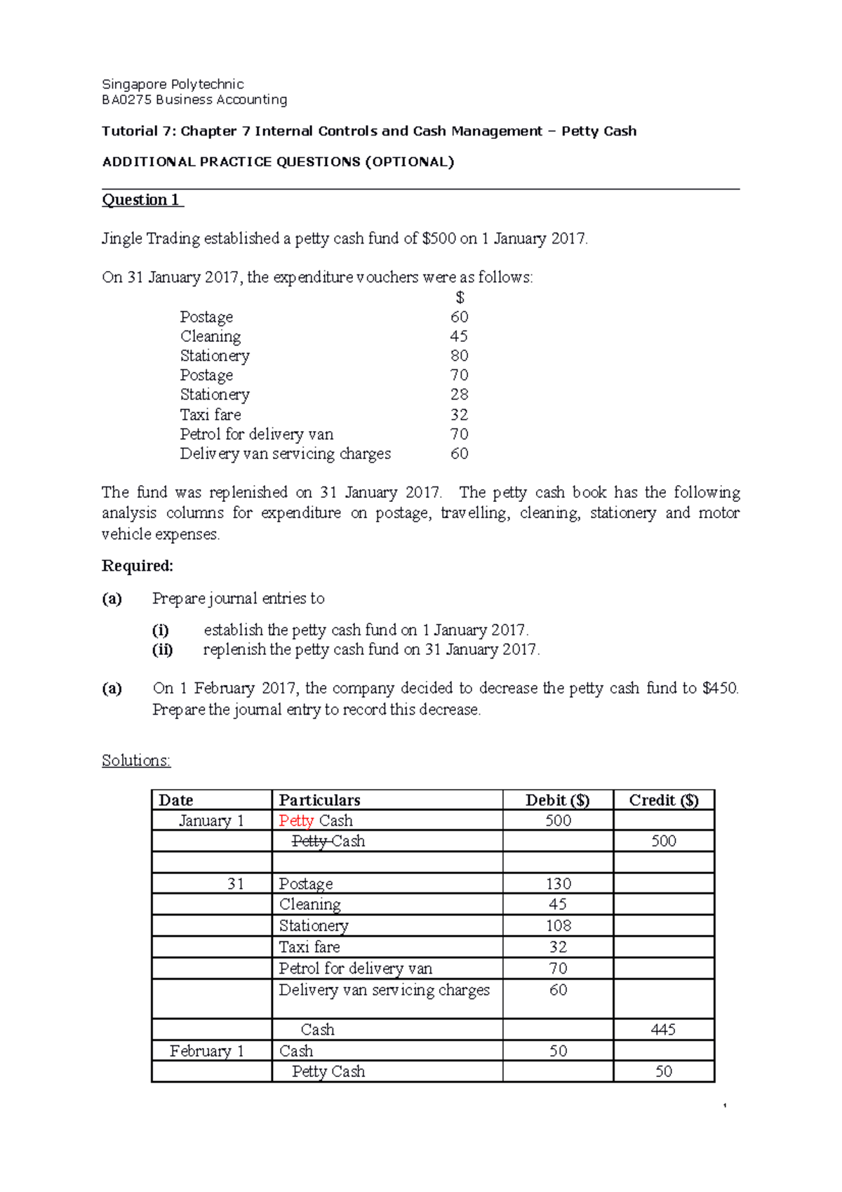 Questions Tutorial 7 Petty Cash AOP - BA0275 Business Accounting ...