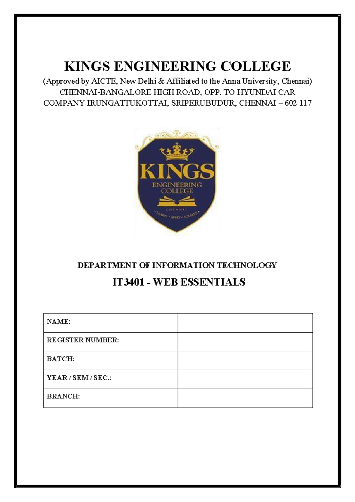 final web essential record - KINGS ENGINEERING COLLEGE (Approved by AICTE, New Delhi & - Studocu