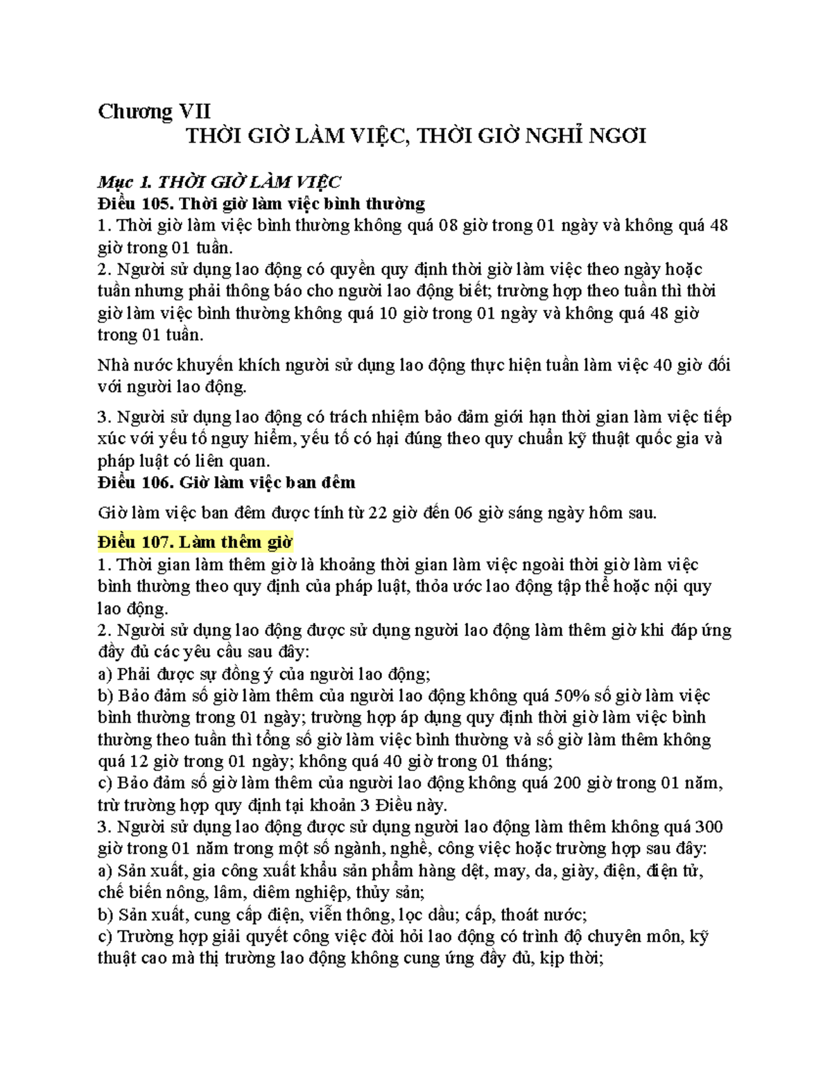 Chương VII+VIII(DLLD) - Chương VII THỜI GIỜ LÀM VIỆC, THỜI GIỜ NGHỈ ...