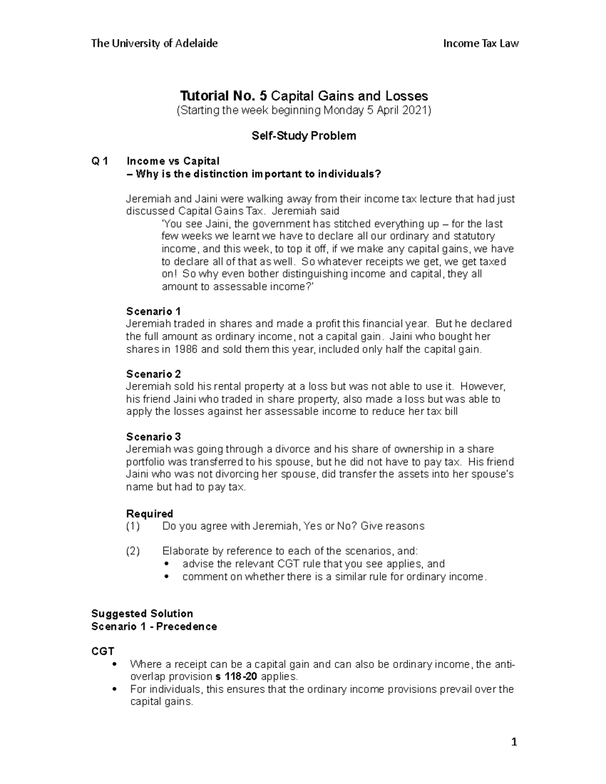 Tutorial No.5 Capital Gains and Losses Self-Study Problem - Tutorial No ...