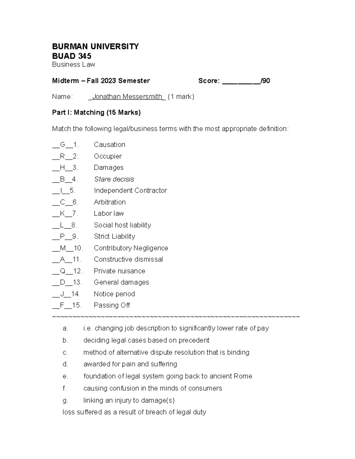 Midterm Assignment - BURMAN UNIVERSITY BUAD 345 Business Law Midterm ...