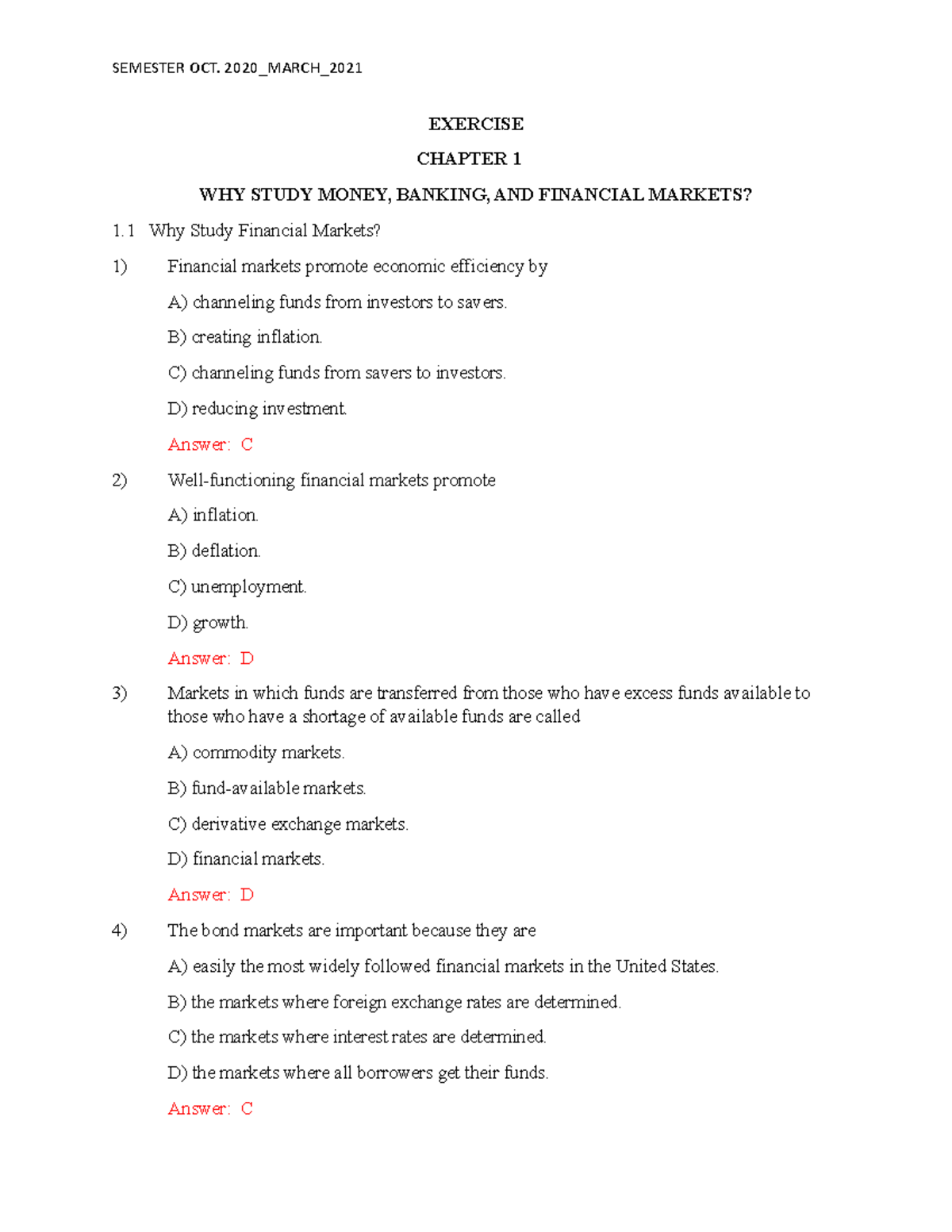 Exercise Chapter 1 ( Answer) - EXERCISE CHAPTER 1 WHY STUDY MONEY ...