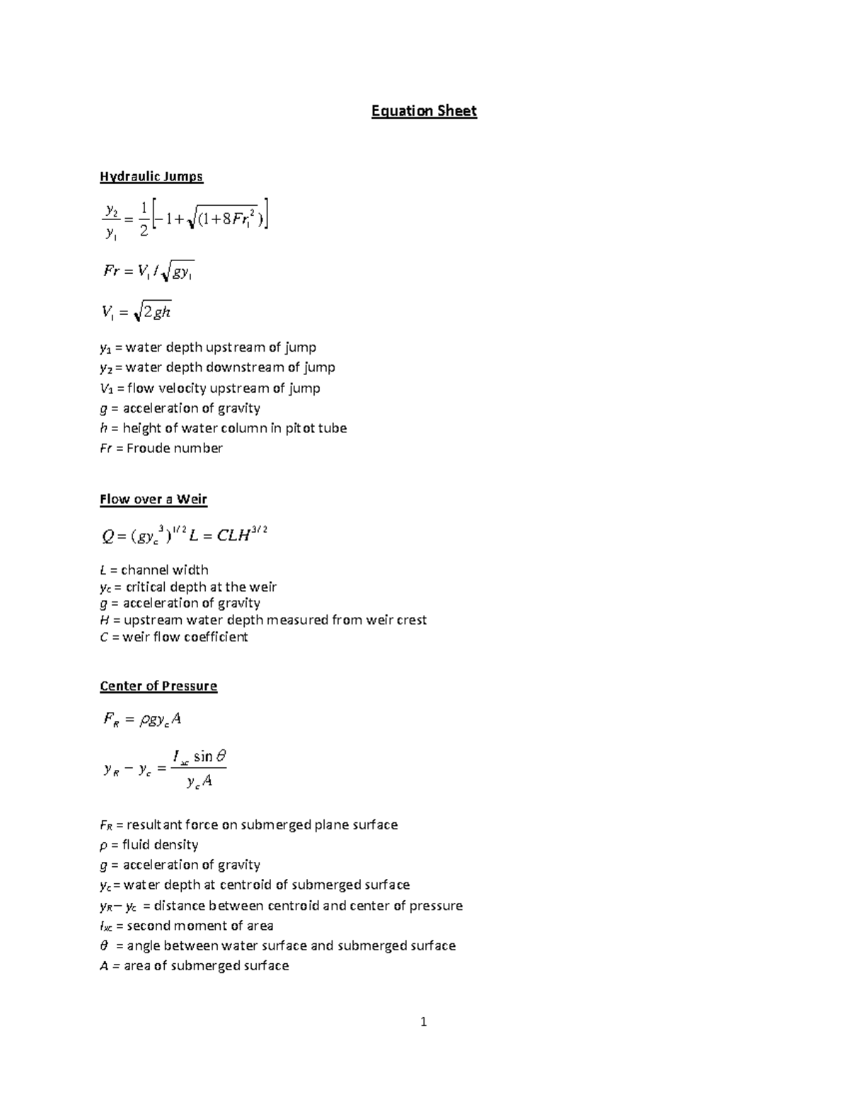 Equation Sheet - Summary Fluid Mechanics Lab - Equation Sheet Hydraulic ...