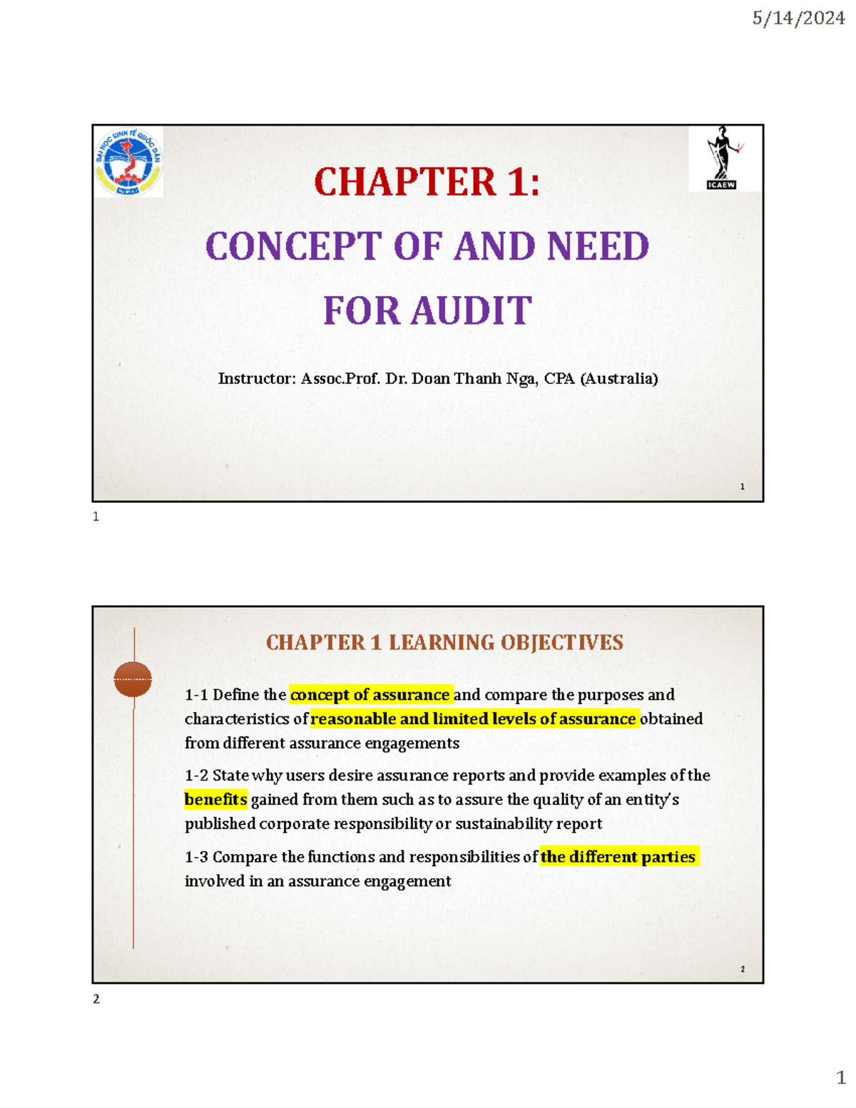 Slides - Chapter 1 - Assurance 2024 - CHAPTER 1: CONCEPT OF AND NEED FOR AUDIT Instructor: Assoc ...