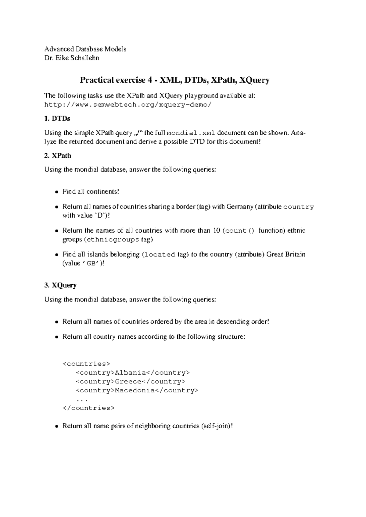 9-practical - Advanced Database Models Dr. Eike Schallehn Practical ...