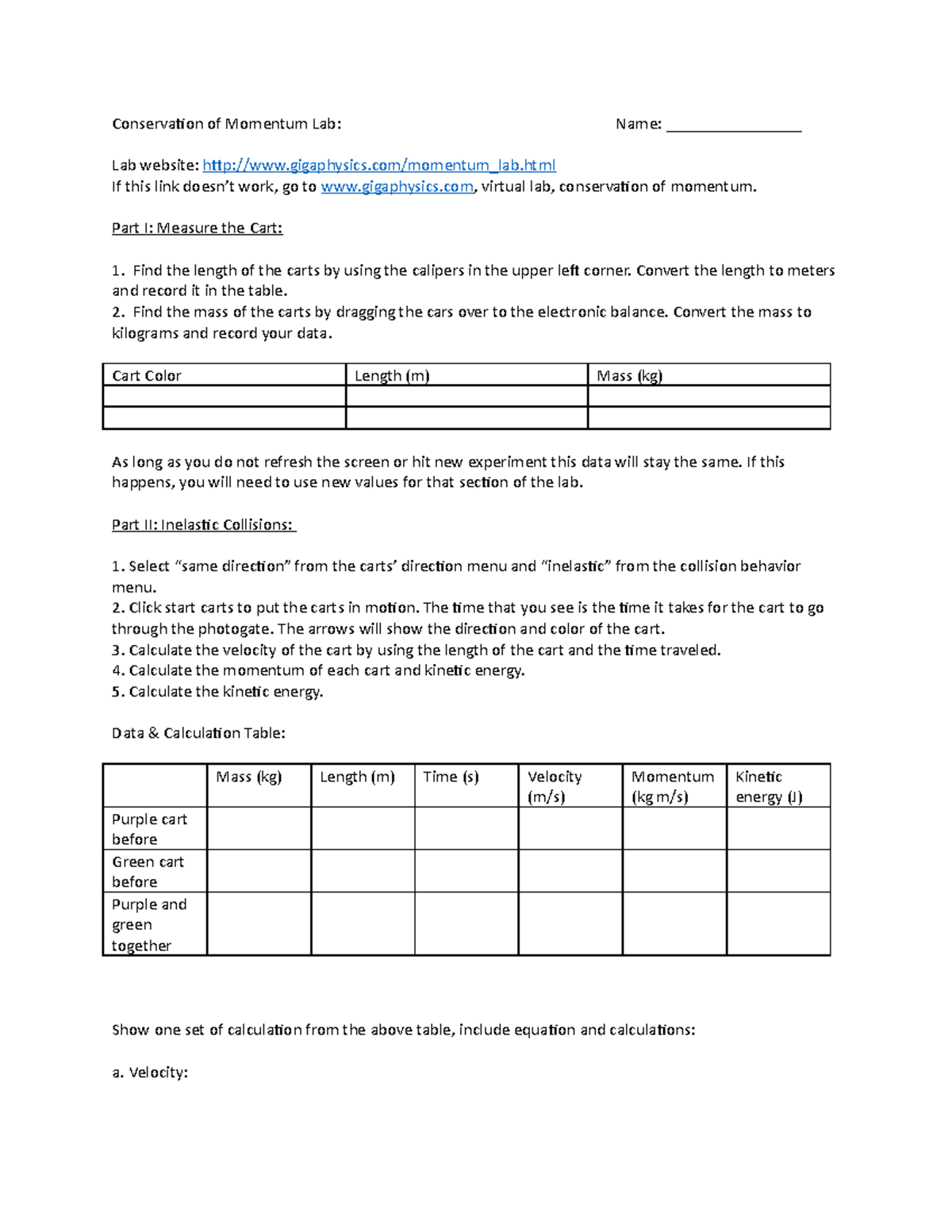 Conservation of Momentum Lab - html If this link doesn’t work, go to ...