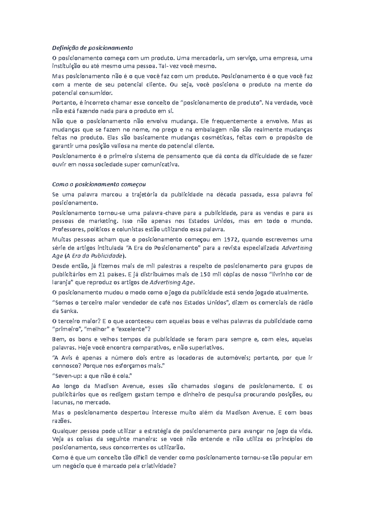 1-Posicionamento - Posicionamento - Definição de posicionamento O ...