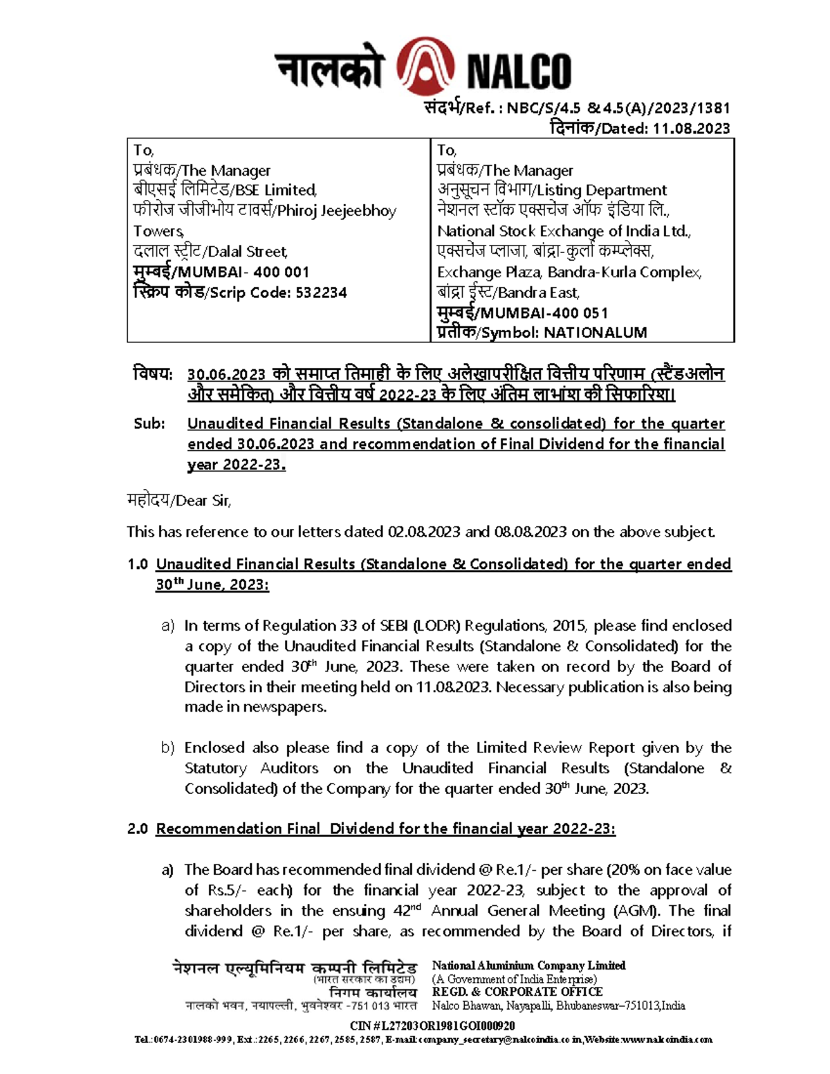 Nalco Financial statment - National Aluminium Company Limited (A ...