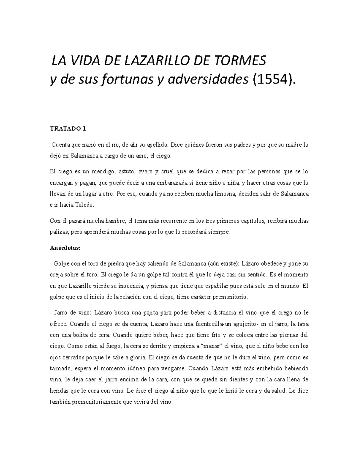 Resumen DE Tratados de lazarillo de tormes - LA VIDA DE LAZARILLO DE ...