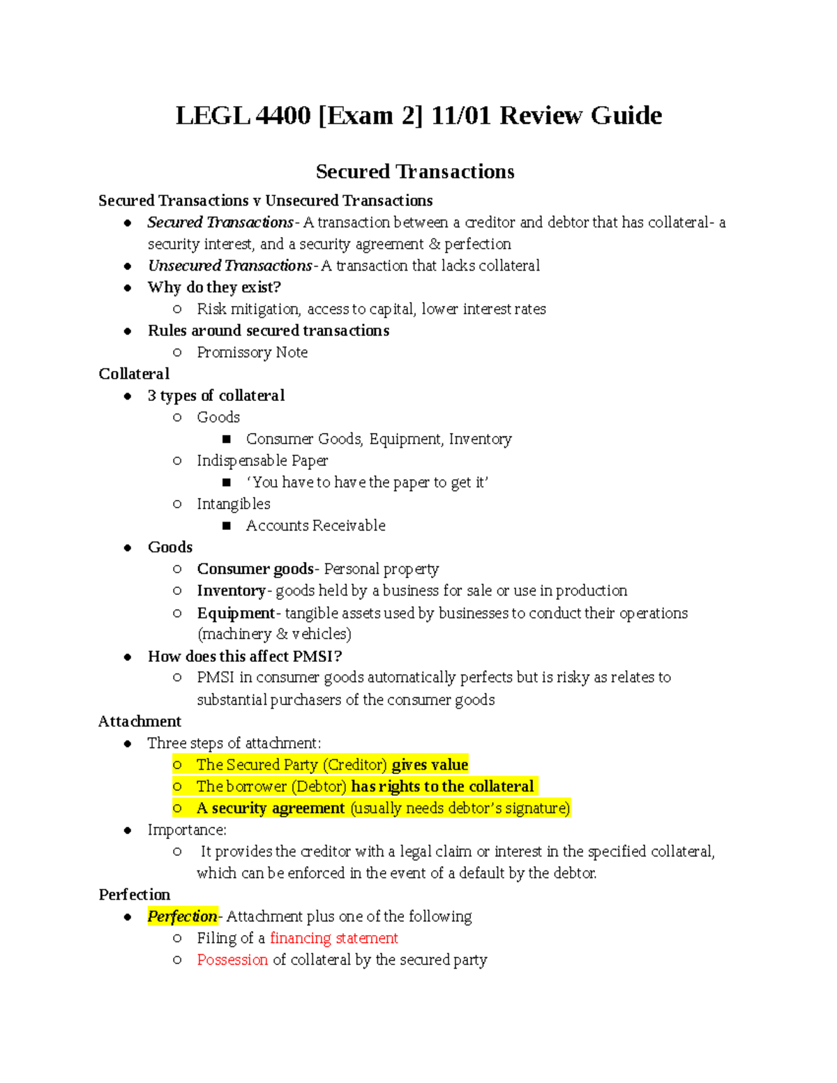 LEGL4400 Exam 2 Study Guide - LEGL 4400 [Exam 2] 11/01 Review Guide Secured Transactions Secured ...