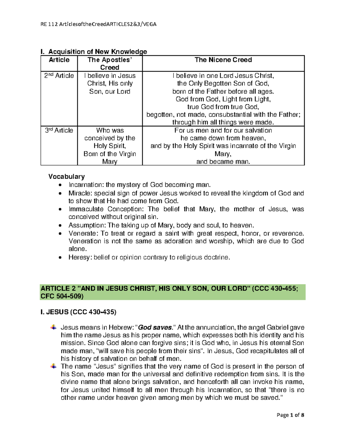 Creed Articles 2 & 3 - Religious ed - I. Acquisition of New Knowledge ...