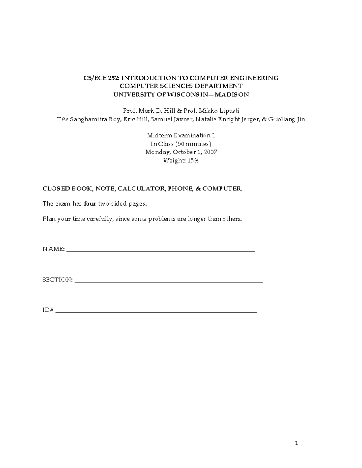 Exam1a sol (1) - htblkfb - CS/ECE 252: INTRODUCTION TO COMPUTER ENGINEERING COMPUTER SCIENCES ...