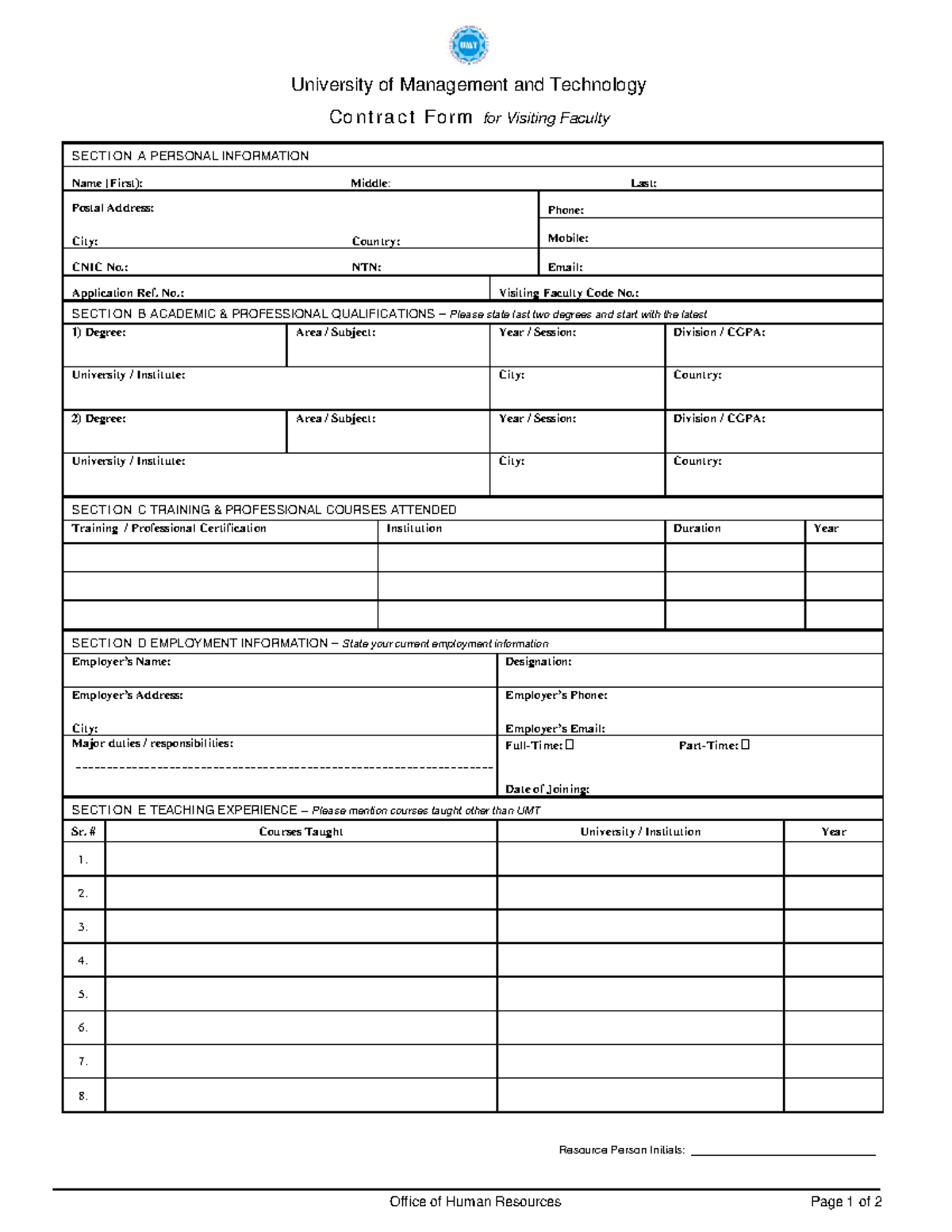 Visiting Faculty Contract Form - University of Management and ...