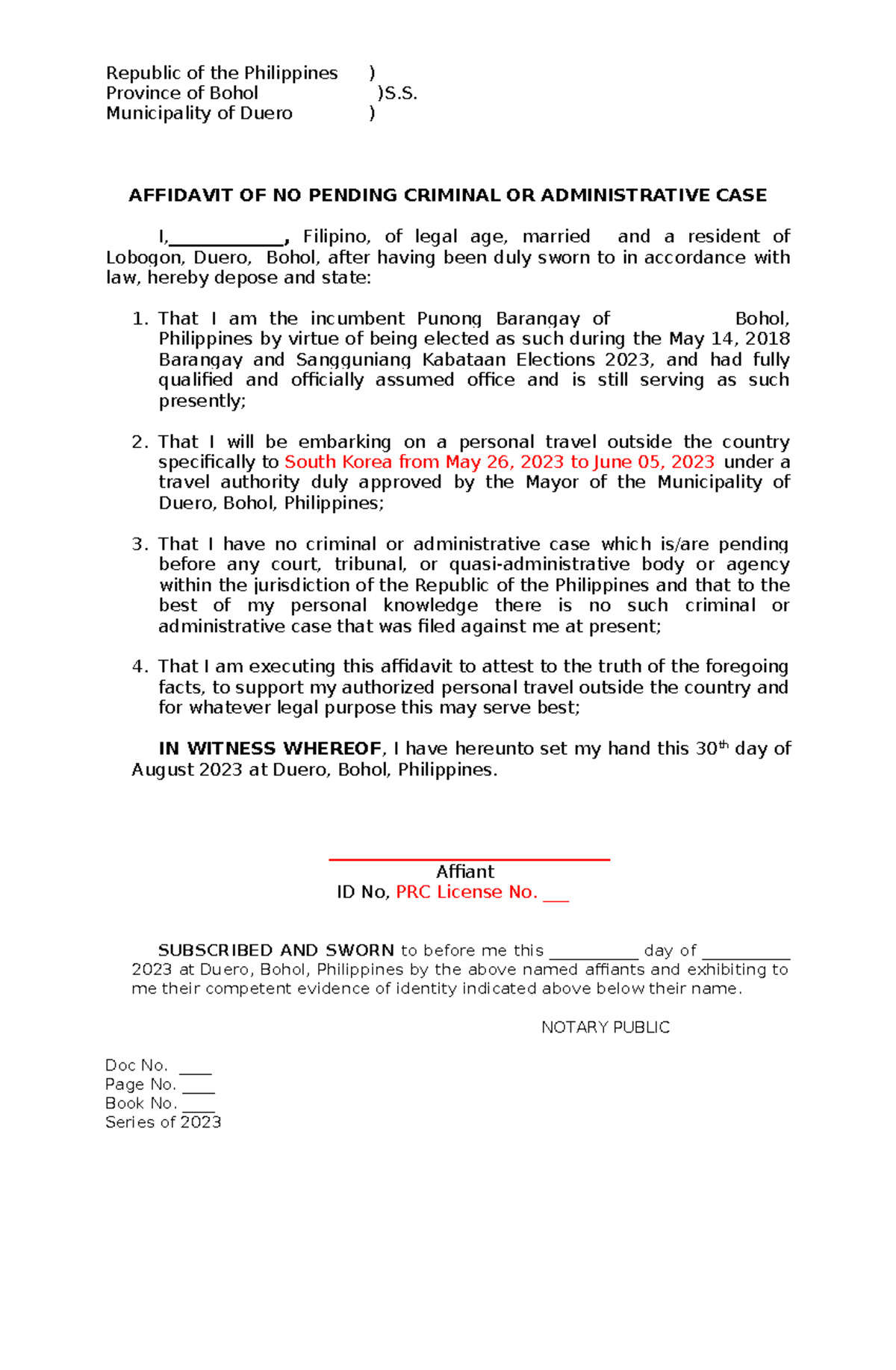 Affidavit of No Pending Admin and Crim Case Sarah - Republic of the ...