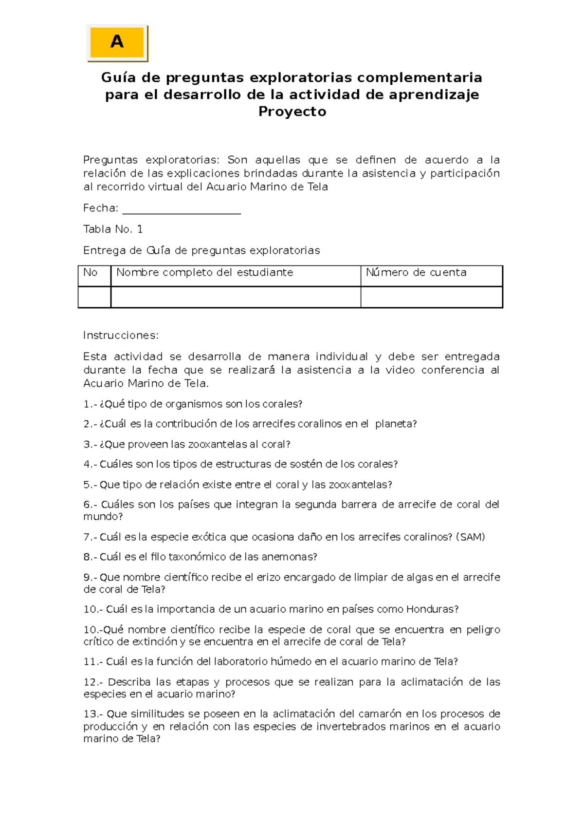 Actividad No 5 A Guía de preguntas exploratorias asistencia recorrido virtual del Acuario Marino ...