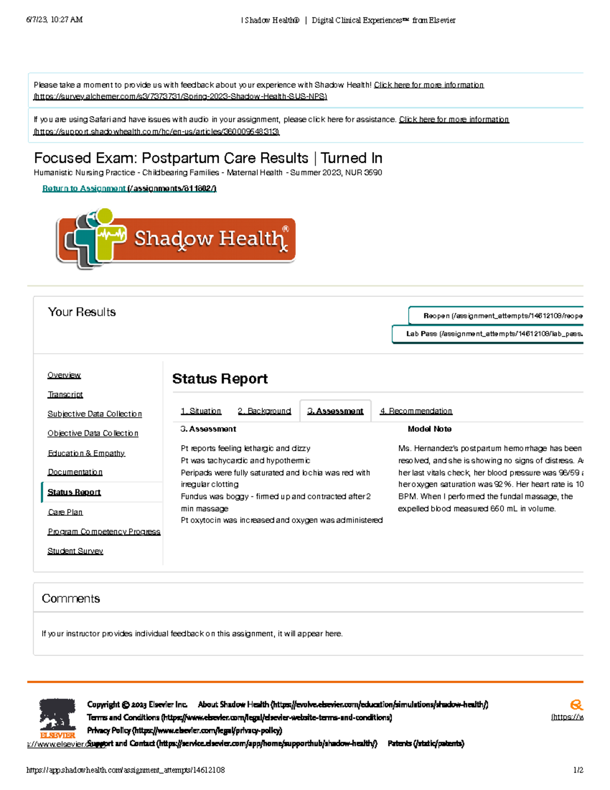 Shadow Health® │ Postpartum care SBAR - 6/7/23, 10:27 AM | Shadow ...