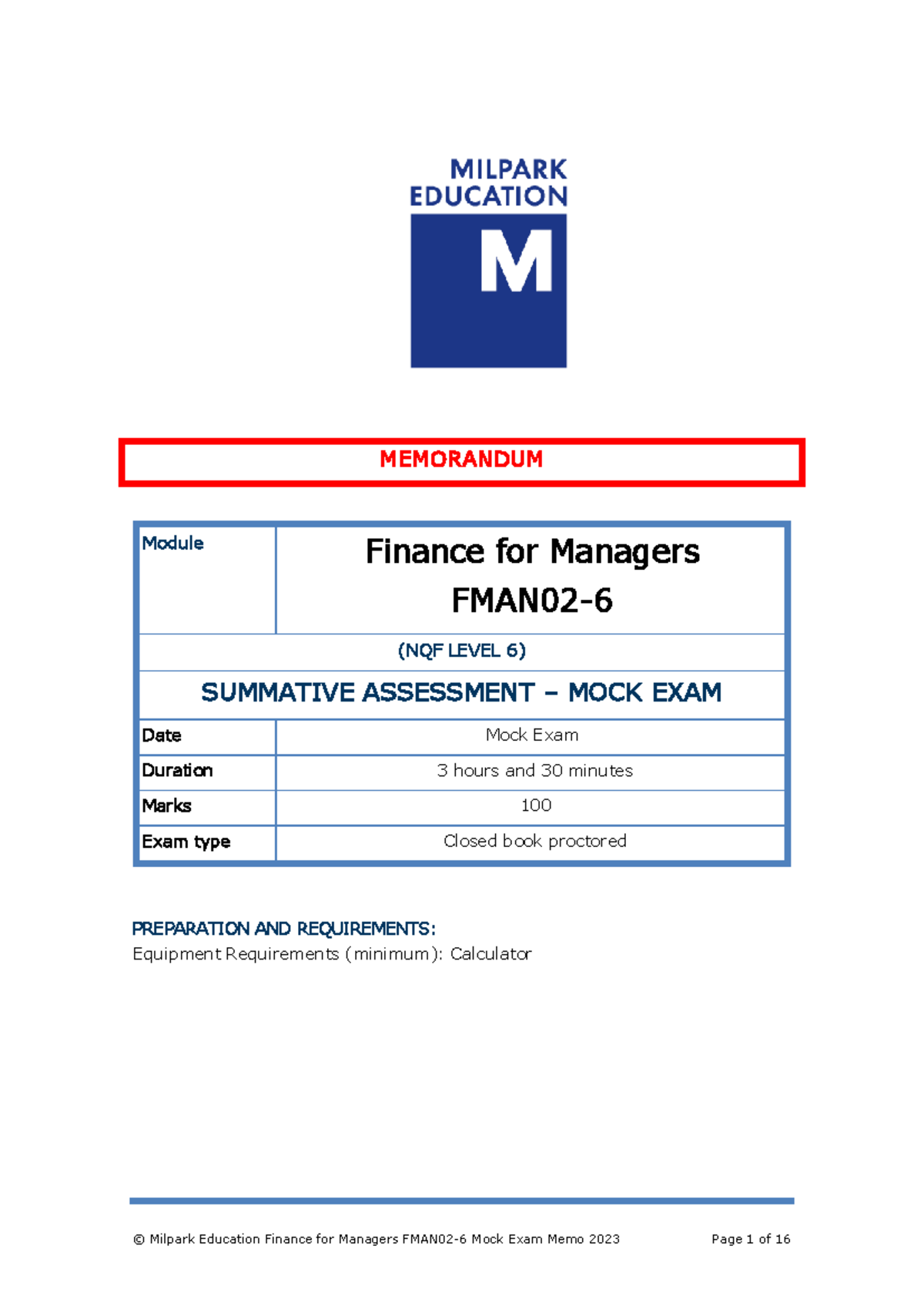 Mock Exam Memo - memo for the mock exam of 2024 - MEMORANDUM Module Finance for Managers FMAN02 ...