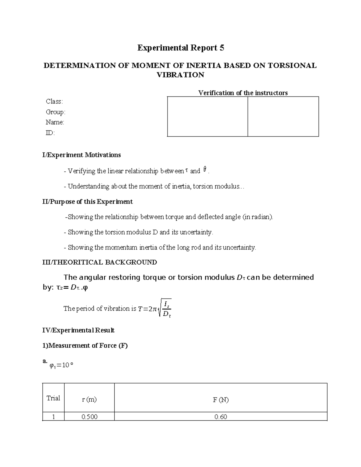 TN5e - asd - Experimental Report 5 DETERMINATION OF MOMENT OF INERTIA BASED ON TORSIONAL ...