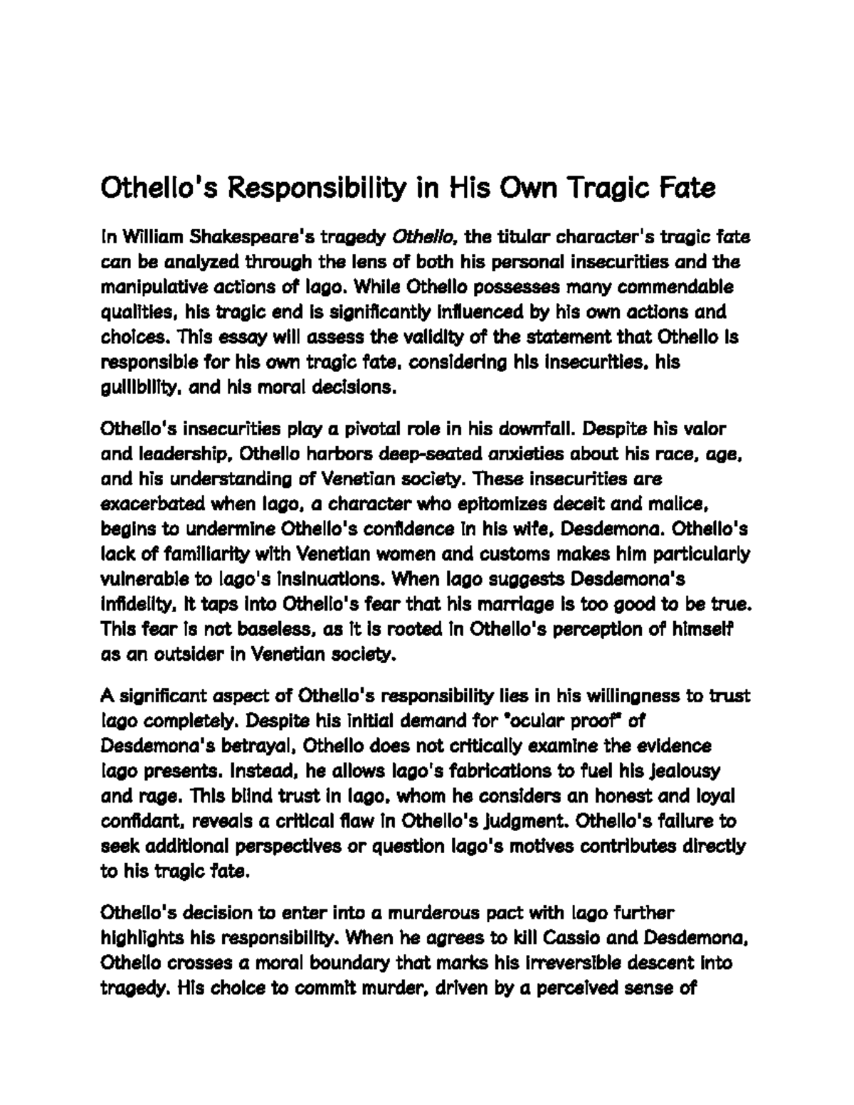 Othello Essays - Othello's Responsibility in His Own Tragic Fate In ...