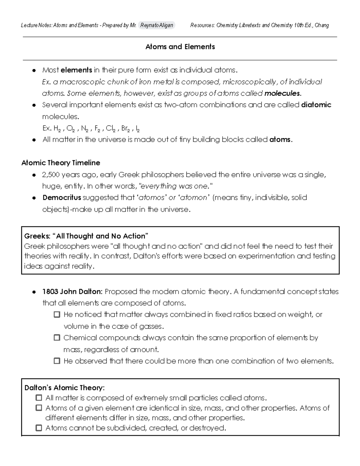 Lecture Notes- Atoms and Elements - Aligan - Atoms and Elements Most ...