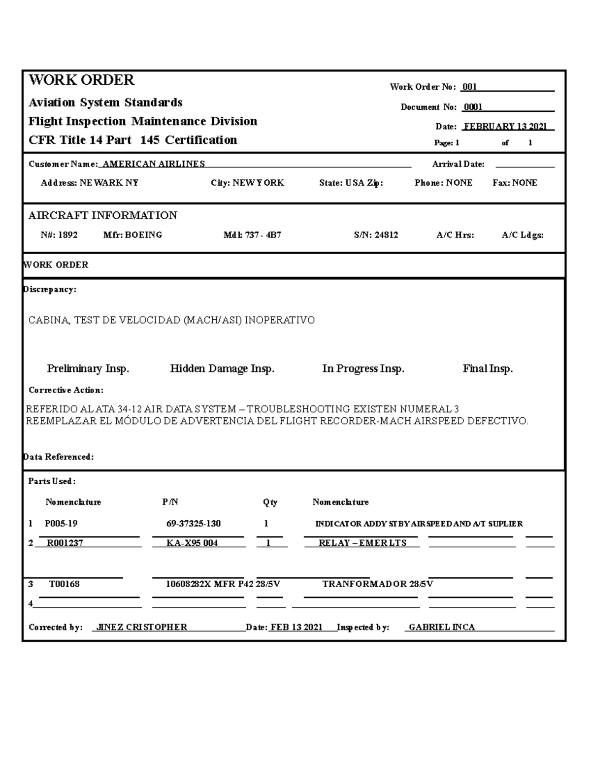 Jinez WORK Orderwork Order No - WORK ORDER Work Order No: 001 Aviation ...