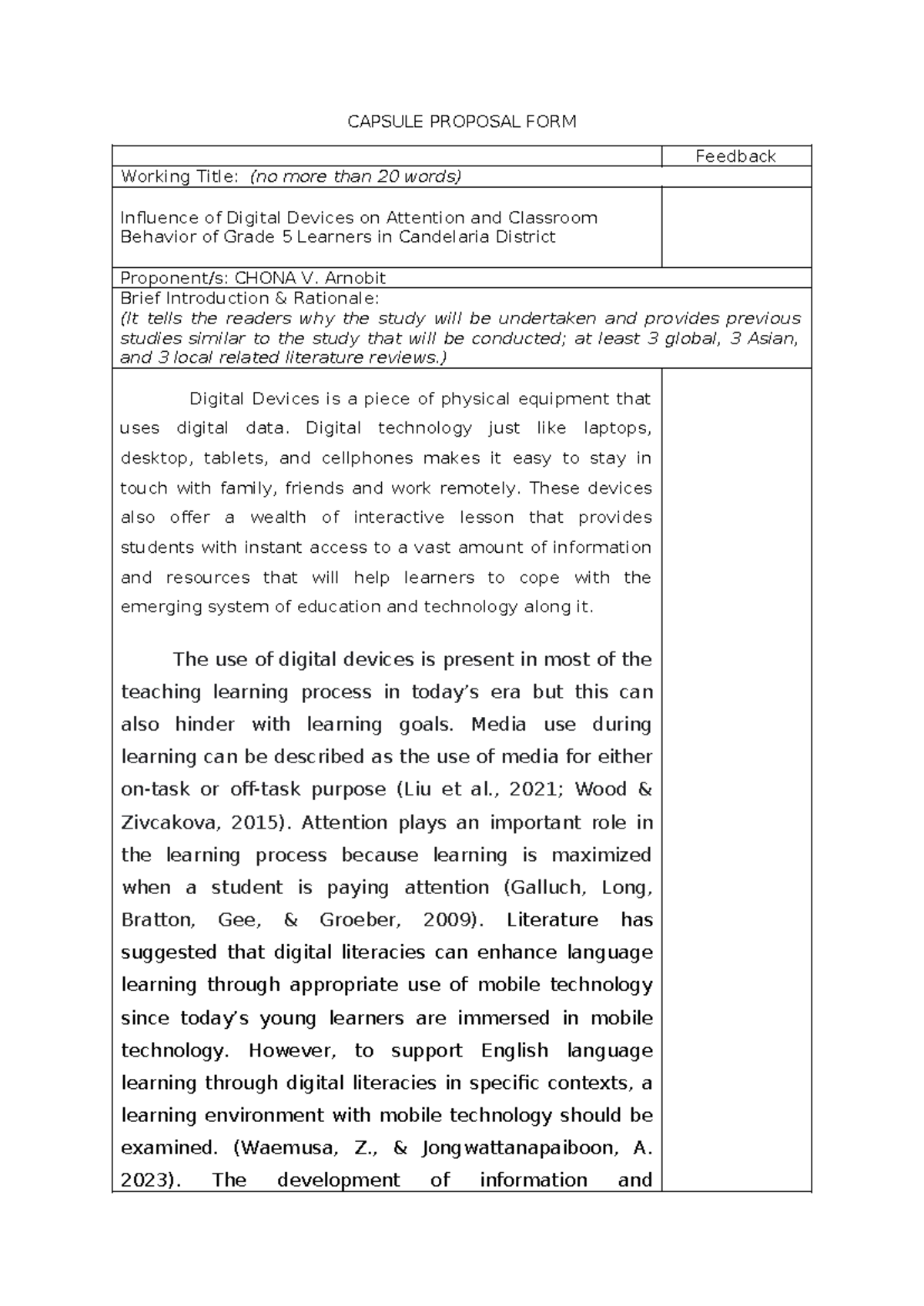 Capsule Proposal FORM - CAPSULE PROPOSAL FORM Feedback Working Title ...