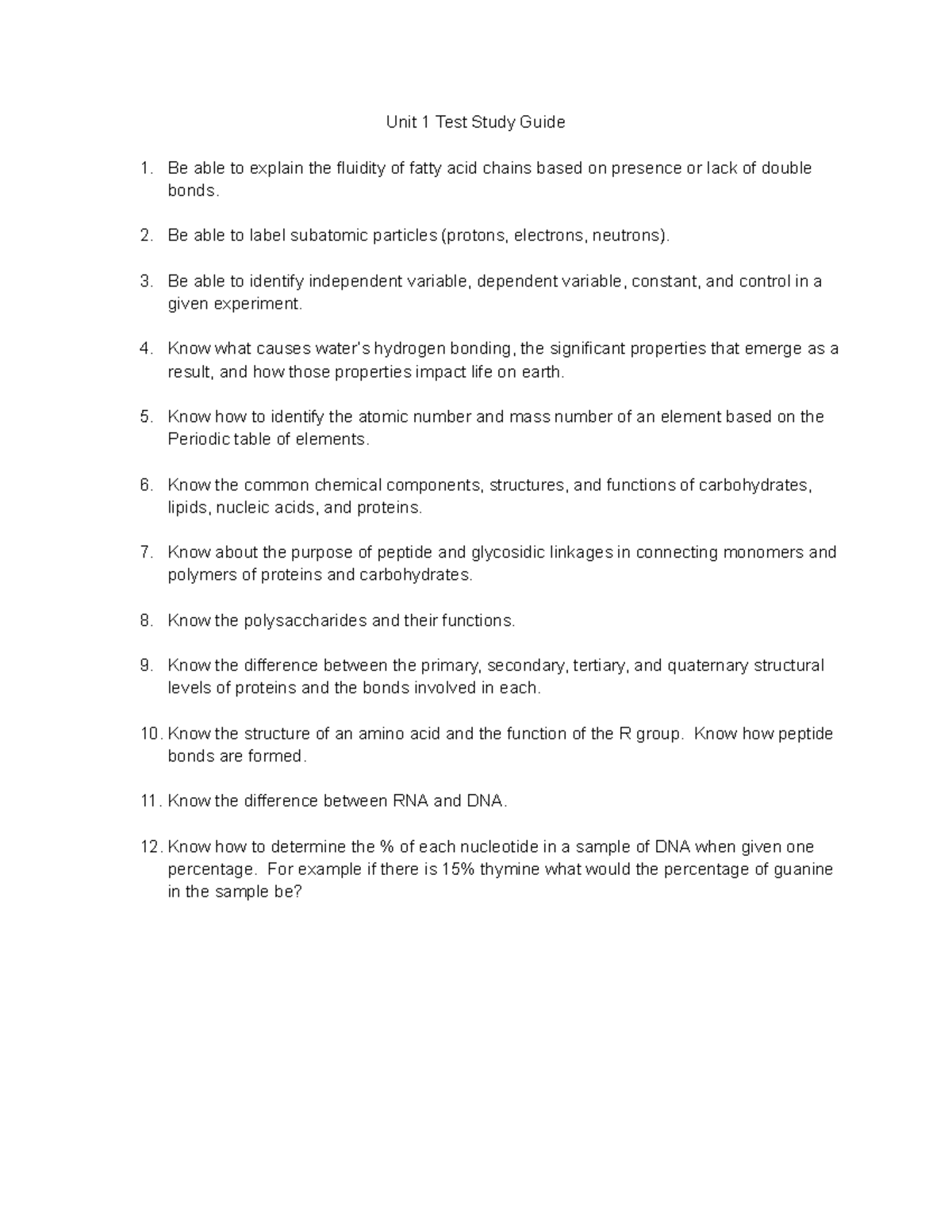 Unit 1 Test Study Guide - Unit 1 Test Study Guide Be able to explain ...