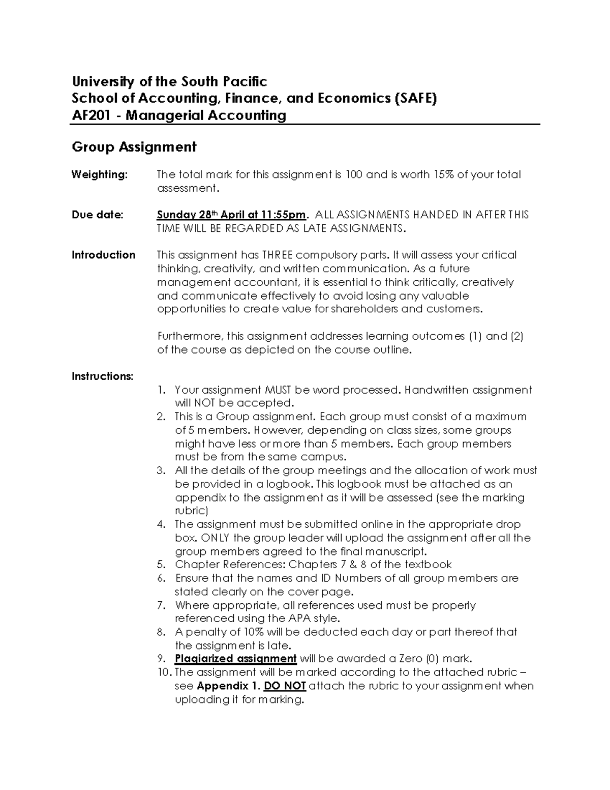 AF201 Group Assignment - University of the South Pacific School of ...