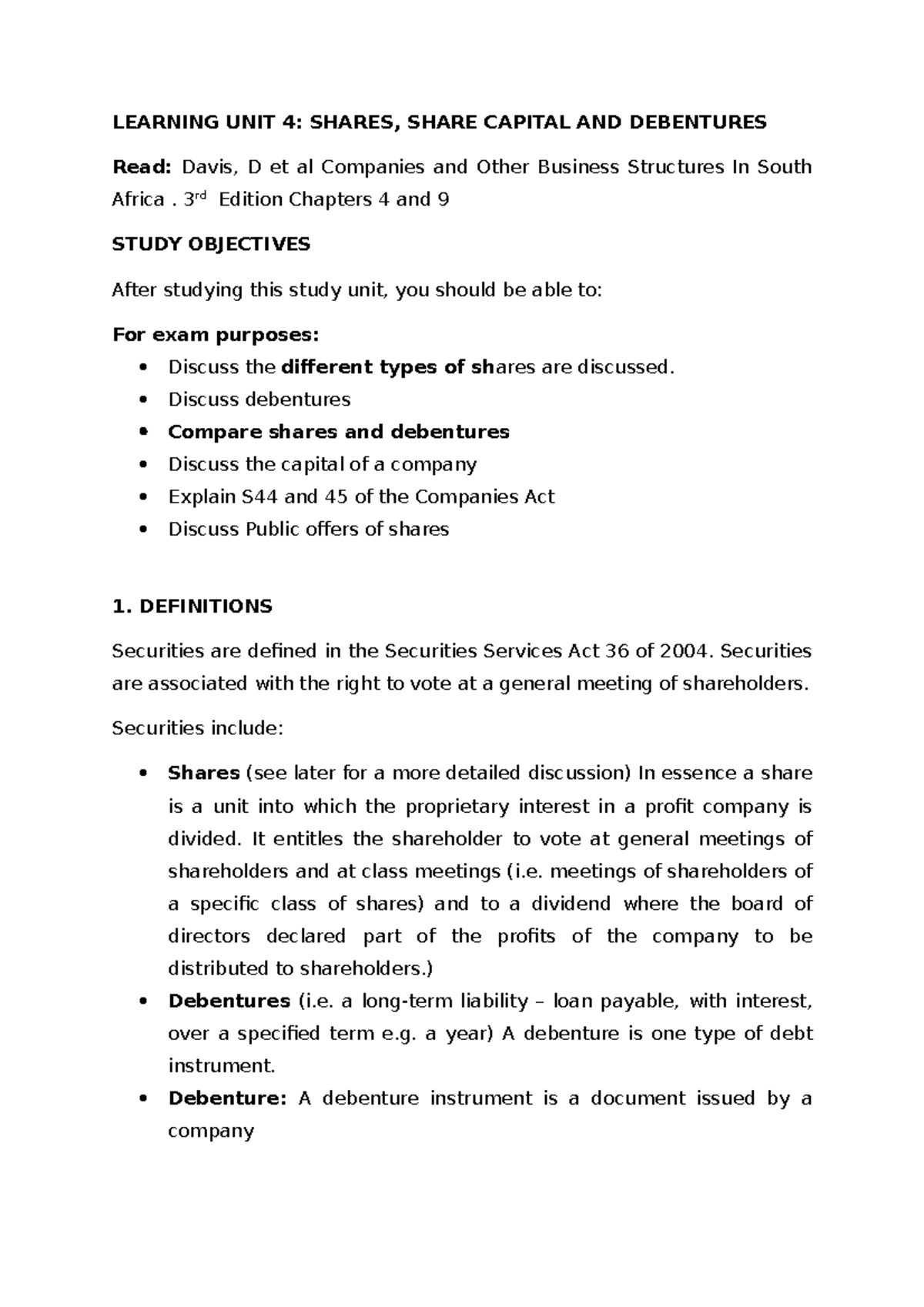 Learning UNIT 4 - notes - LEARNING UNIT 4: SHARES, SHARE CAPITAL AND ...