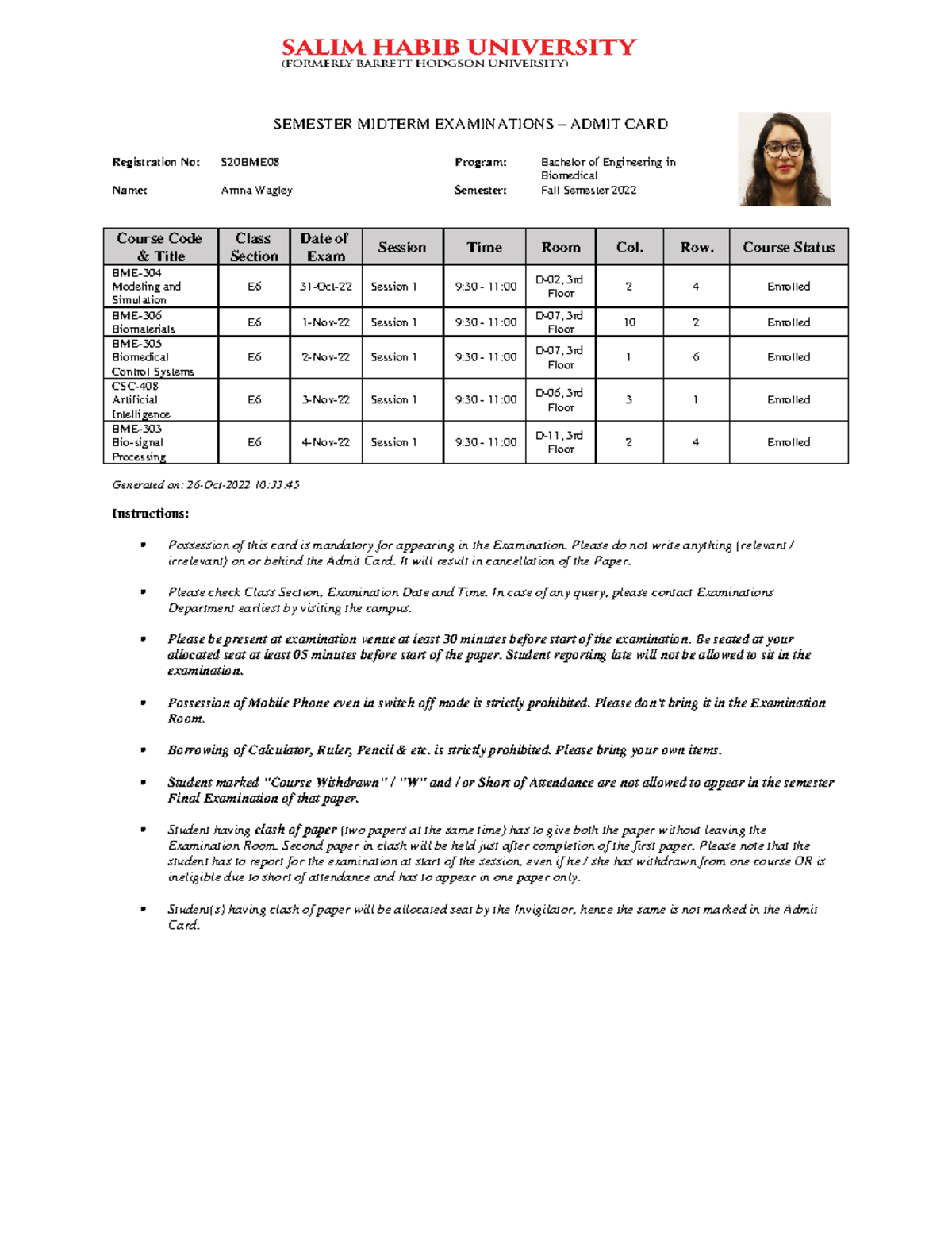 Admit Card - Mids Fall 2022 - SEMESTER MIDTERM EXAMINATIONS – ADMIT CARD Registration No ...