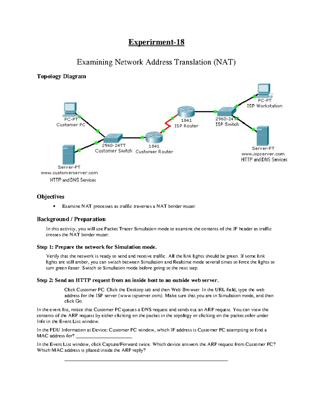 LAN switch connecting - Experirment- Examining Network Address Translation (NAT) Topology ...