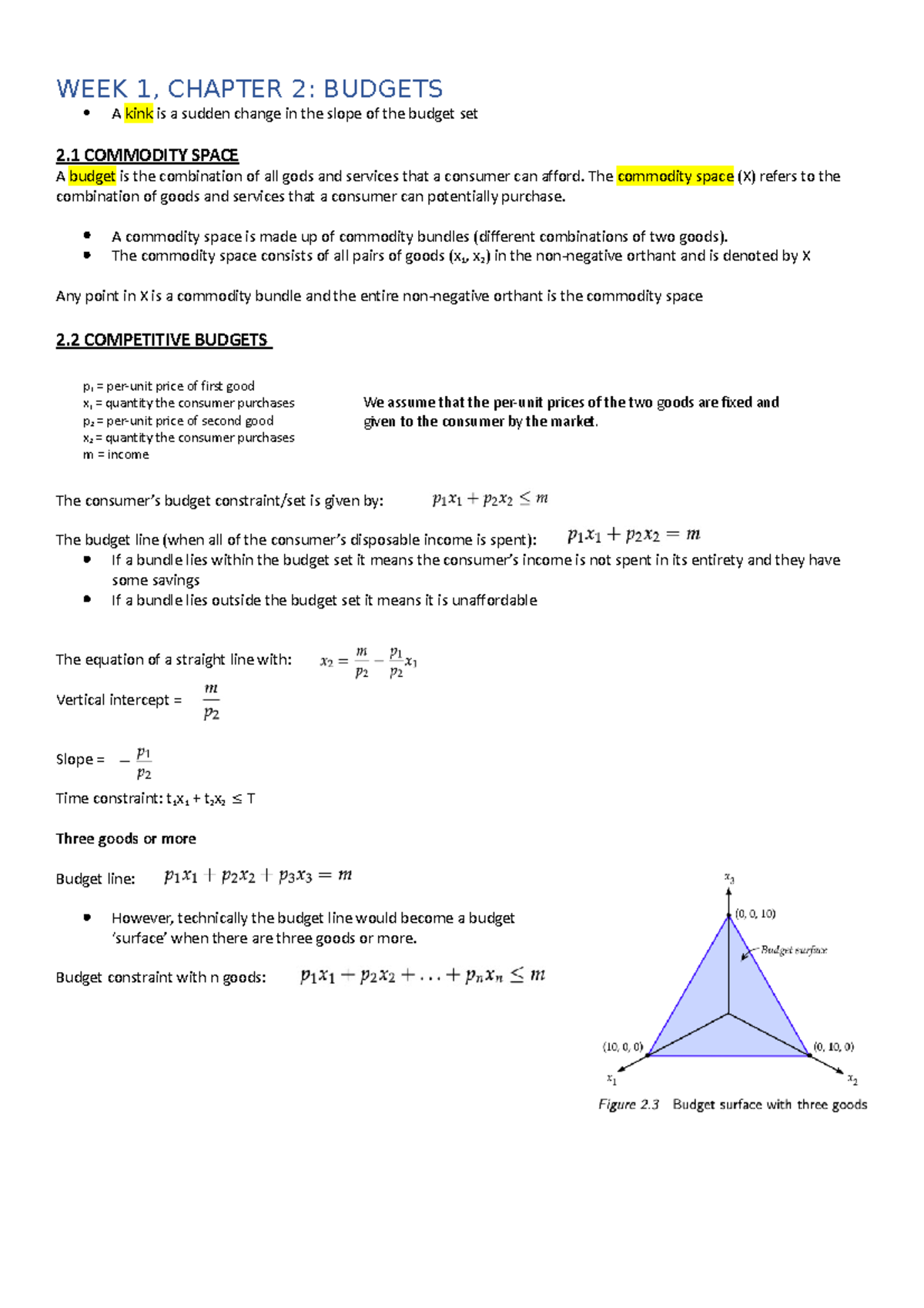 ECON2101 - notes - WEEK 1, CHAPTER 2: BUDGETS A kink is a sudden change ...