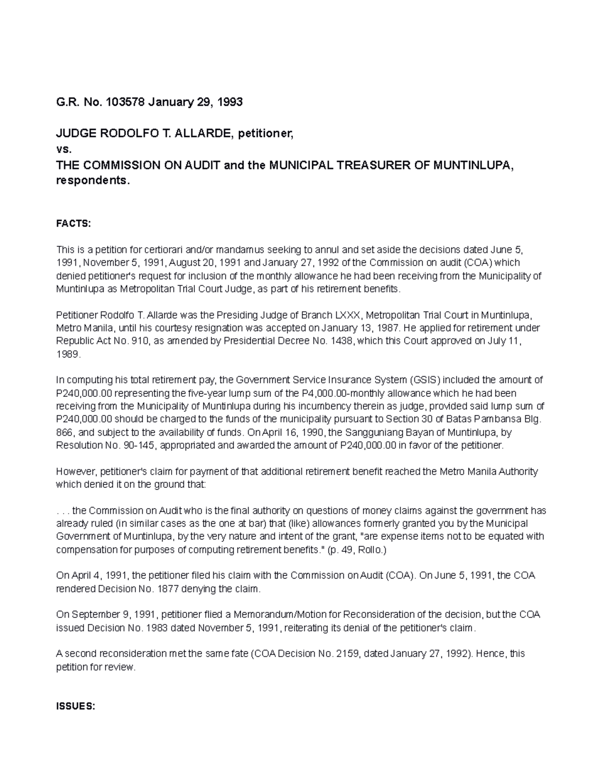 English CASE Brief - JUDGE RODOLFO T. ALLARDE, petitioner, vs. THE ...