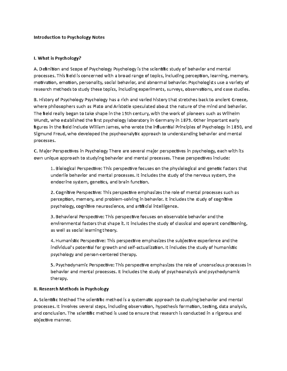 Intro to Psychology Notes - Introduction to Psychology Notes I. What is ...