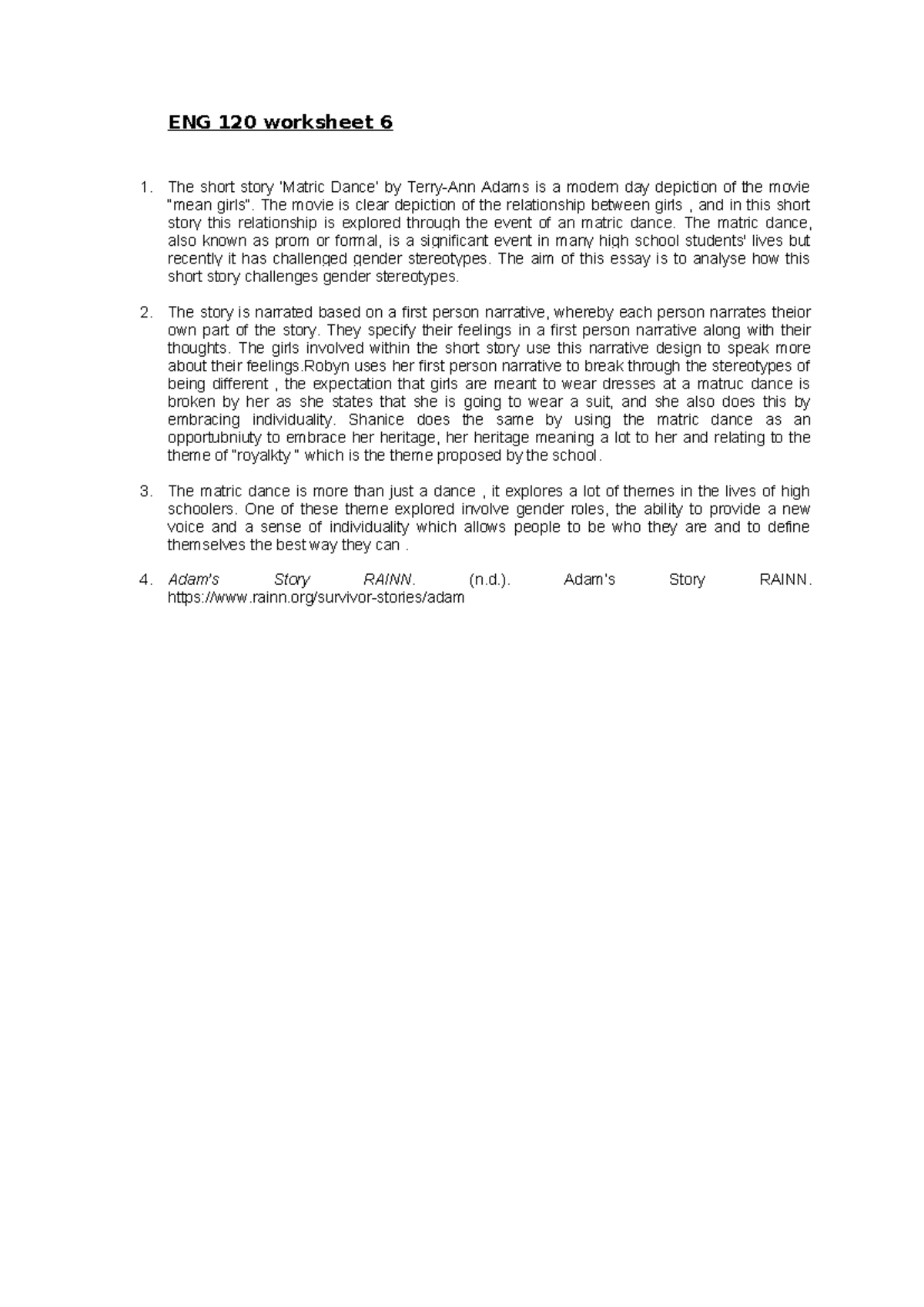 ENG 120 worksheet 6 answers - ENG 120 worksheet 6 The short story ...