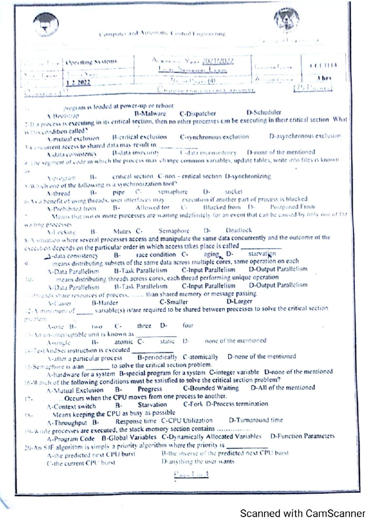 Os final 2022 - intro to os exam - Operating Systems - Studocu