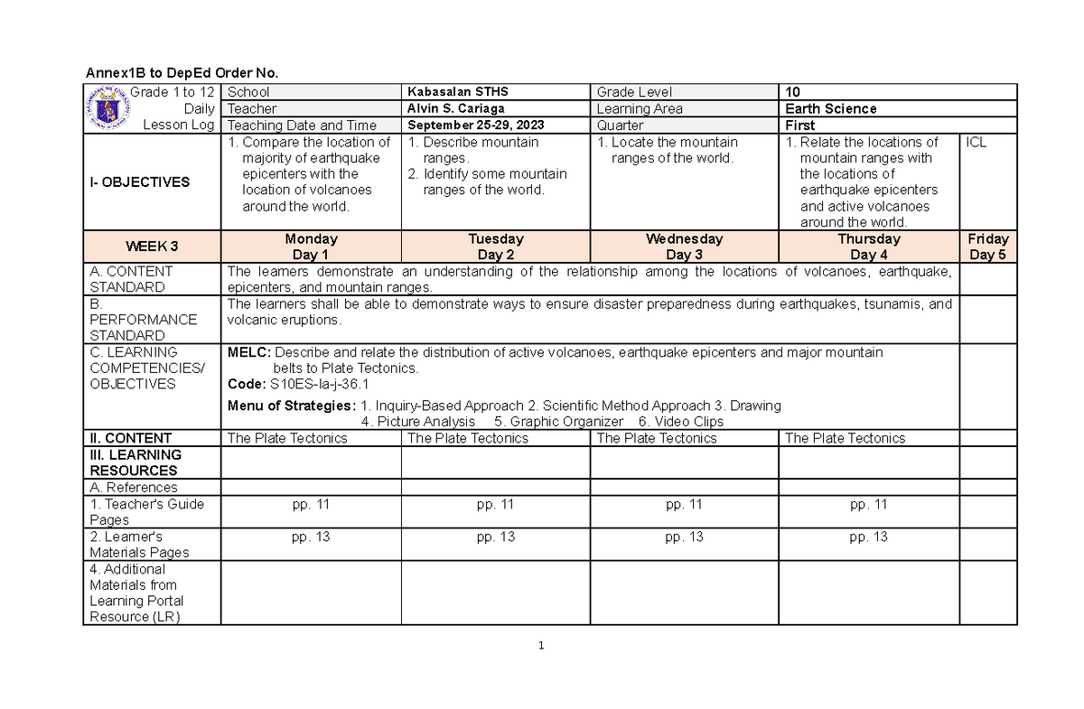 Earth Science 10-Q1-W4 - Grade 1 to 12 Daily Lesson Log School ...