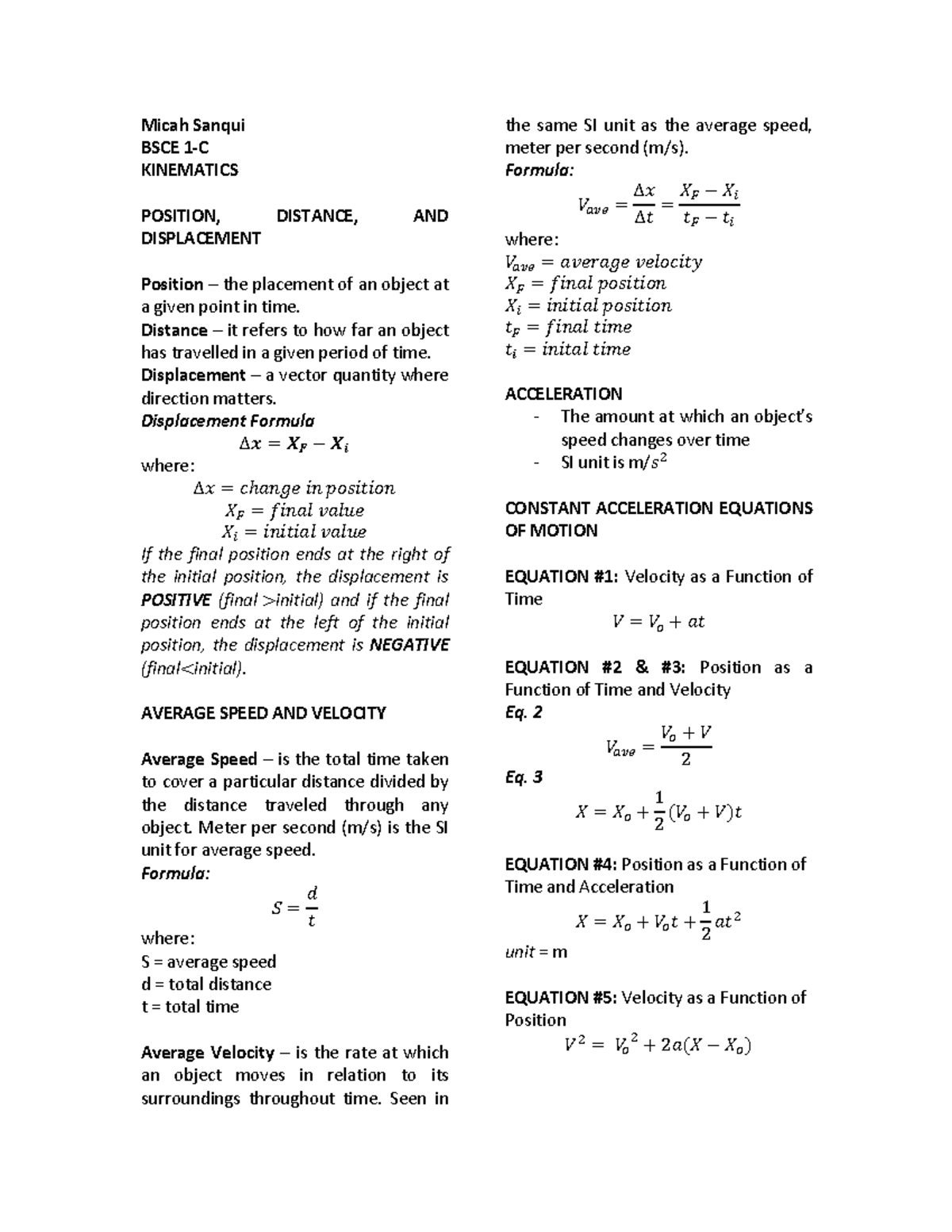 Kinematics Summary Sanquim BSCE 1C - Micah Sanqui BSCE 1-C KINEMATICS ...