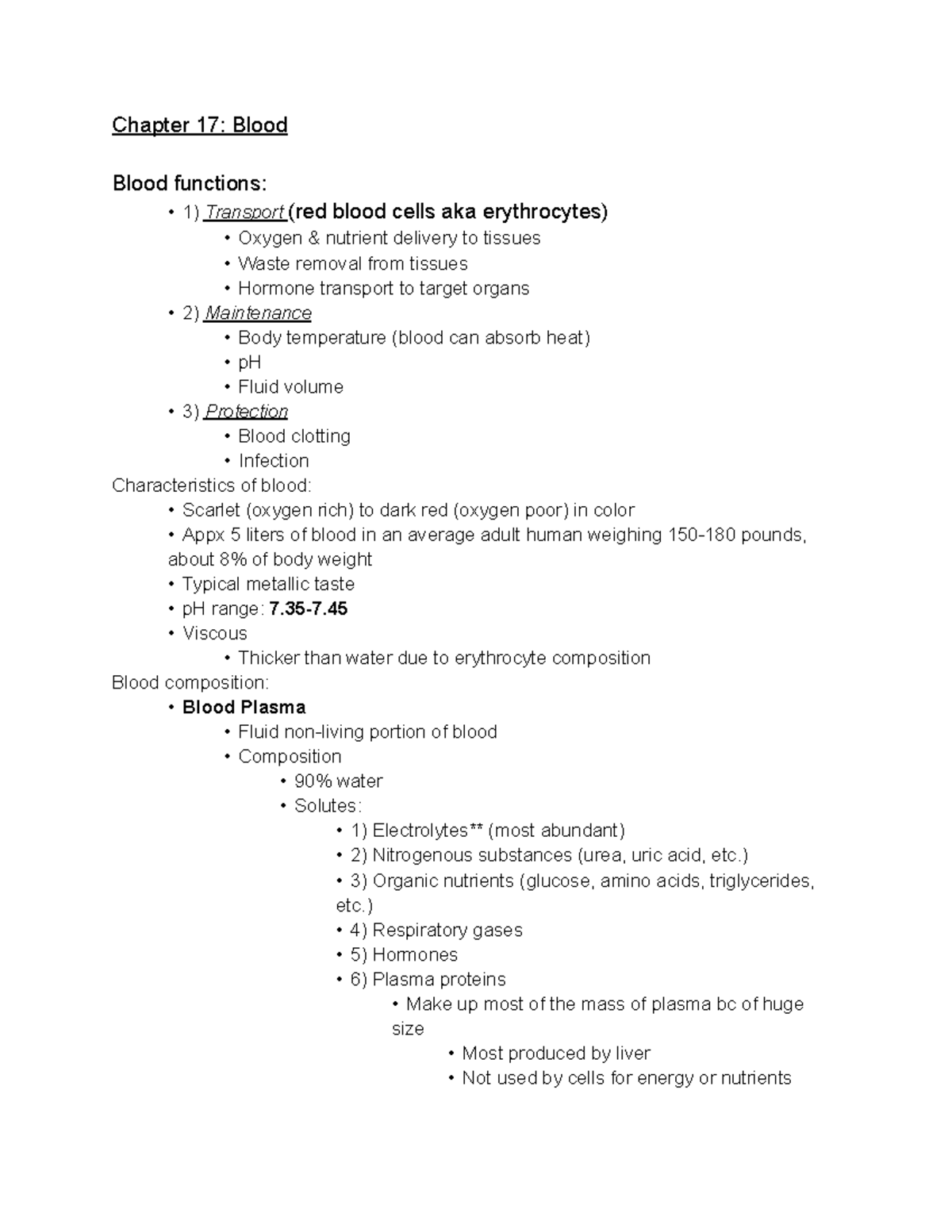 Anatomy II lecture notes - Chapter 17: Blood Blood functions: • 1 ...