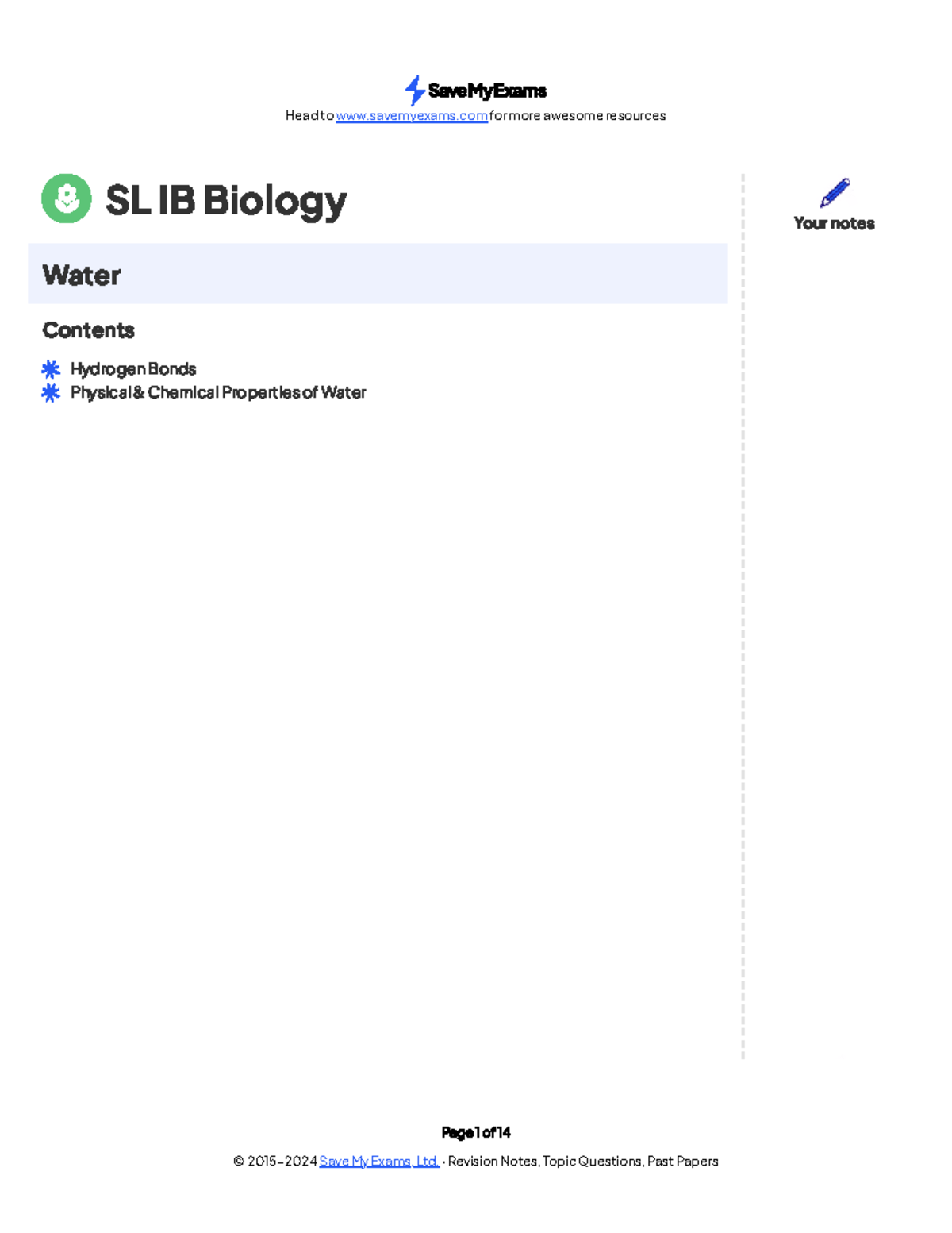A1.1 Water - Page 1 of 14 SL IB Biology Water Contents Hydrogen Bonds ...