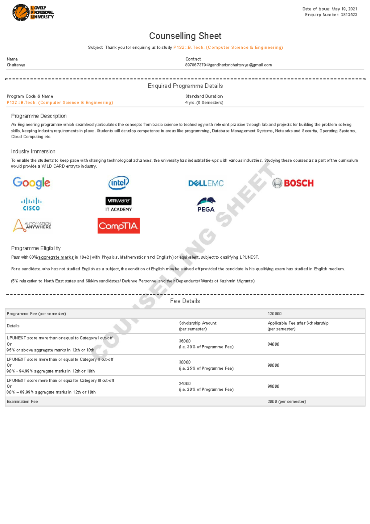 Counselling Sheet 16012 20210519140149 - Date of Issue: May 19, Enquiry ...