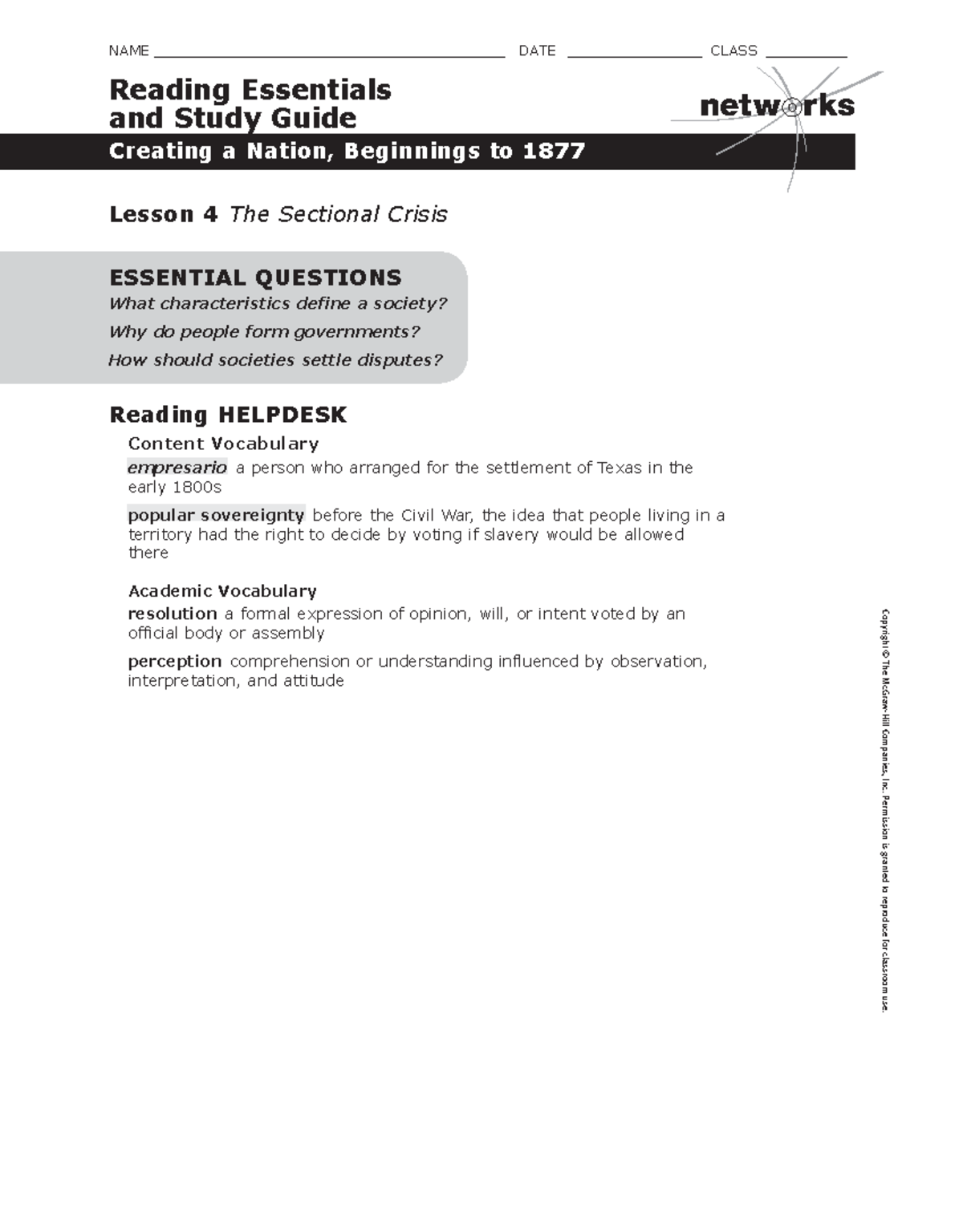 Chapter 1 Lesson 4 The Sectional Crisis - Copyright © The McGraw-Hill ...