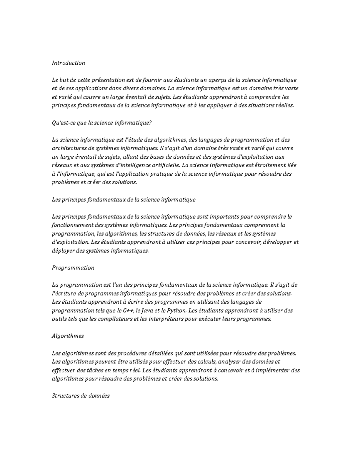 Computer Science Study Notes - Introduction Le but de cette ...