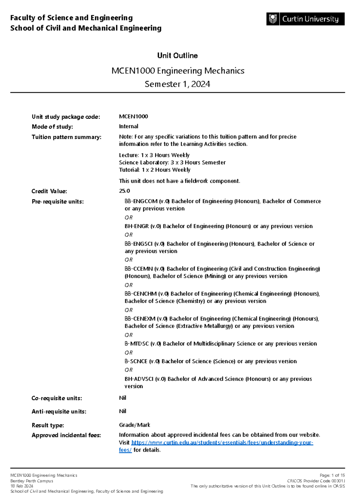 MCEN1000 Engineering Mechanics Semester 1 2024 Bentley Perth Campus INT - Unit study package ...