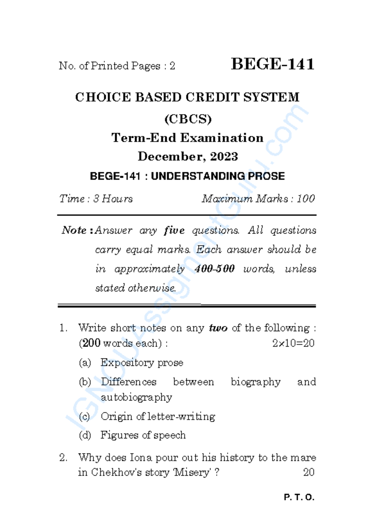 28. Dec 2023 BEGE-141 Ignouassignment Guru - P. T. O. No. of Printed ...