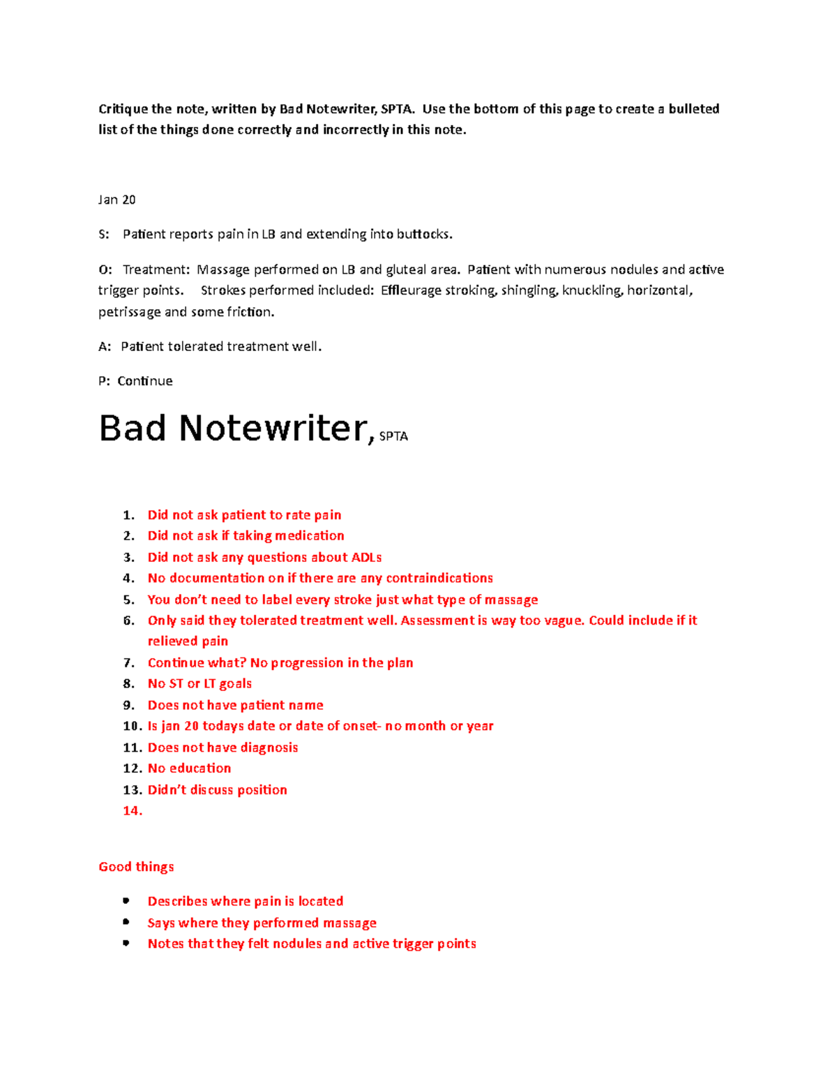 Documentation Activity - Critique the note, written by Bad Notewriter ...