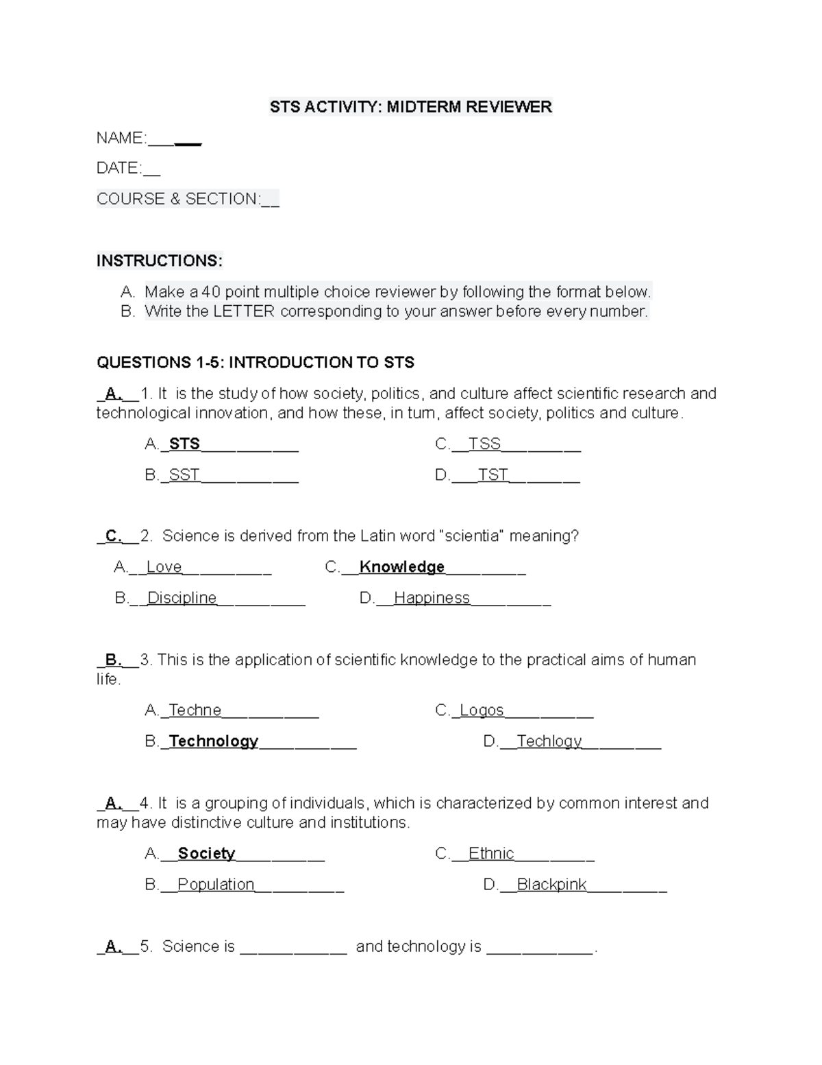 STS Activity - Midterm Reviewer - STS ACTIVITY: MIDTERM REVIEWER NAME ...